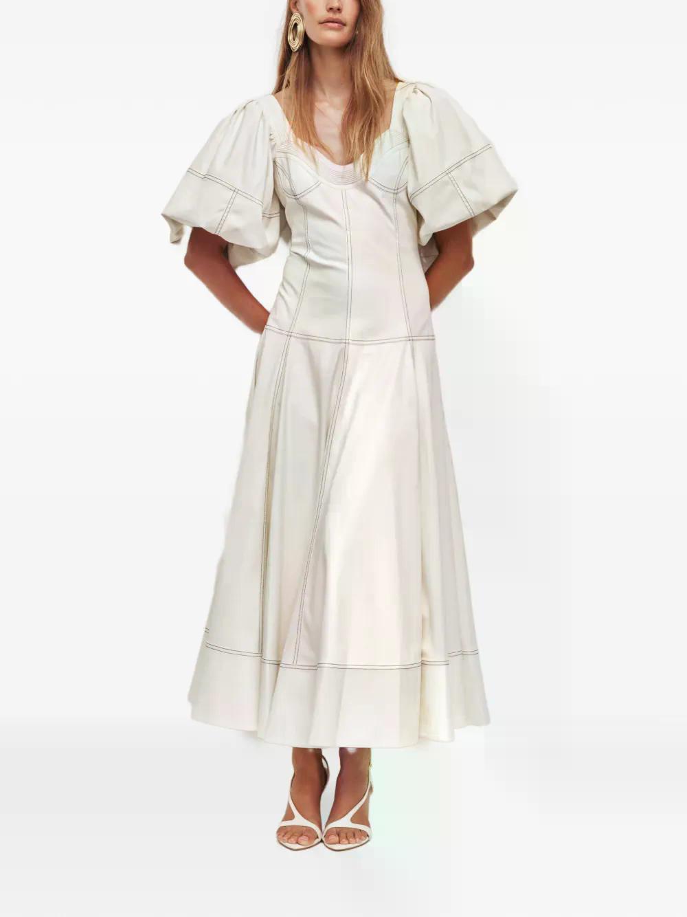AJE Ether Puff-Sleeve Topstitched Midi Dress