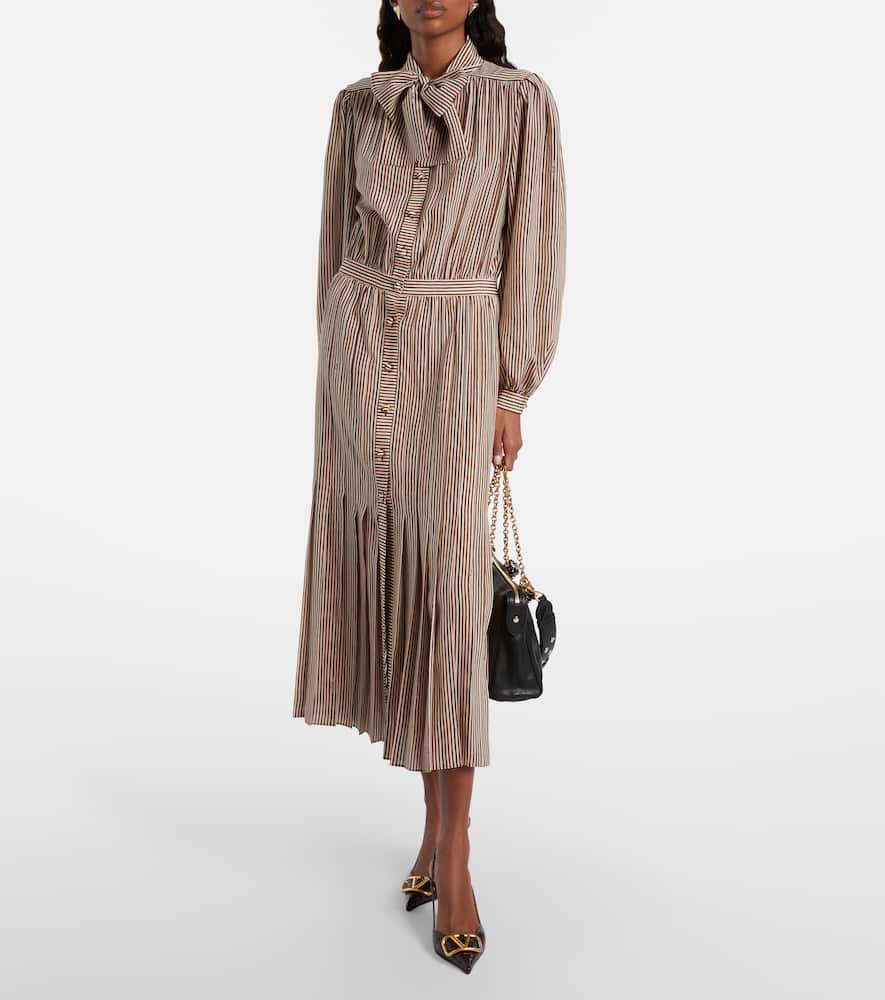 VALENTINO Striped Silk Tie-Neck Midi Dress