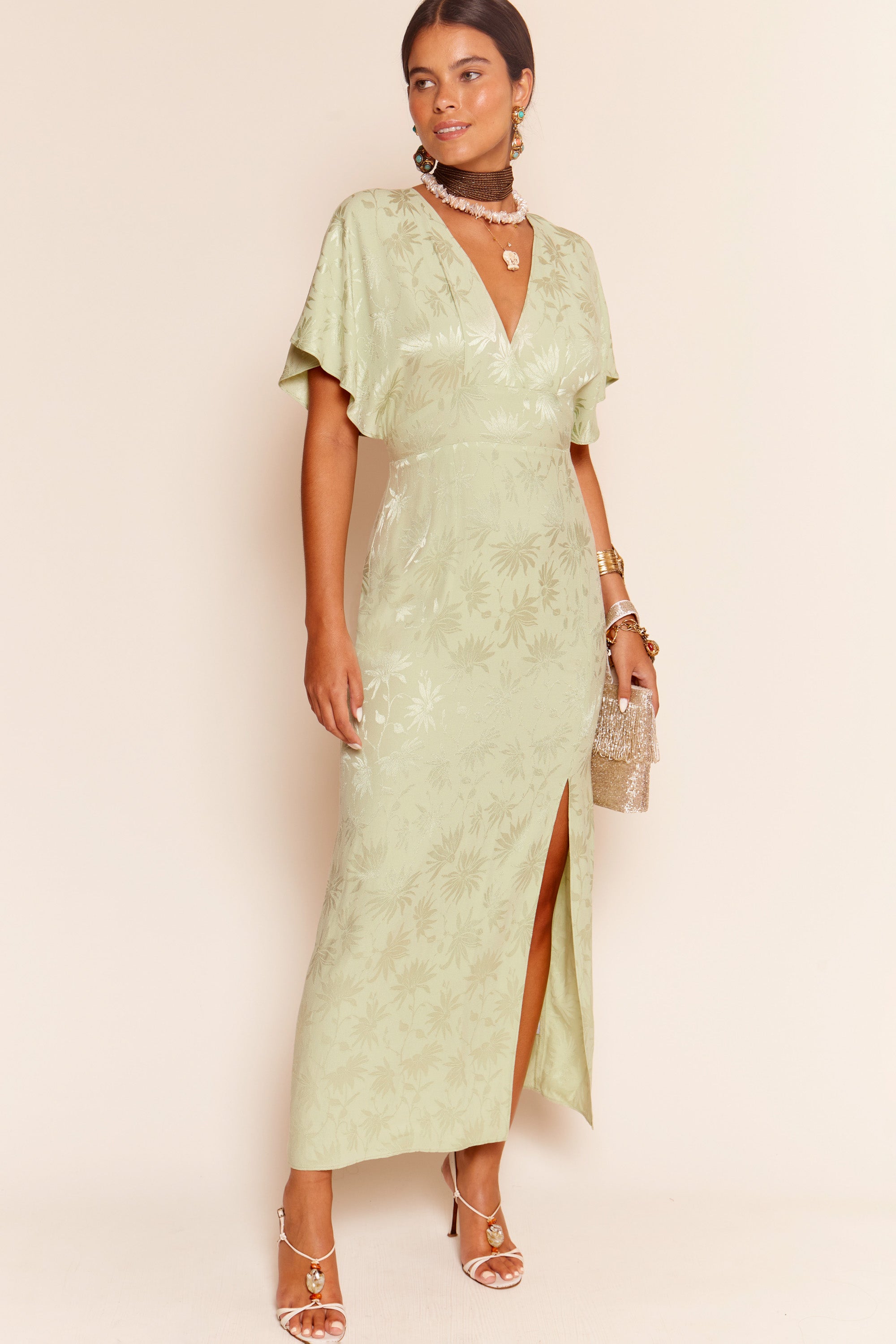 Rixo Sadie Daisy Jacquard Kimono Sleeve Dress - Green