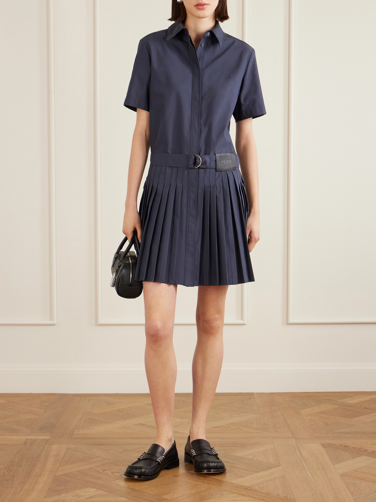 LOEWE Belted Pleated Cotton-Blend Mini Shirt Dress