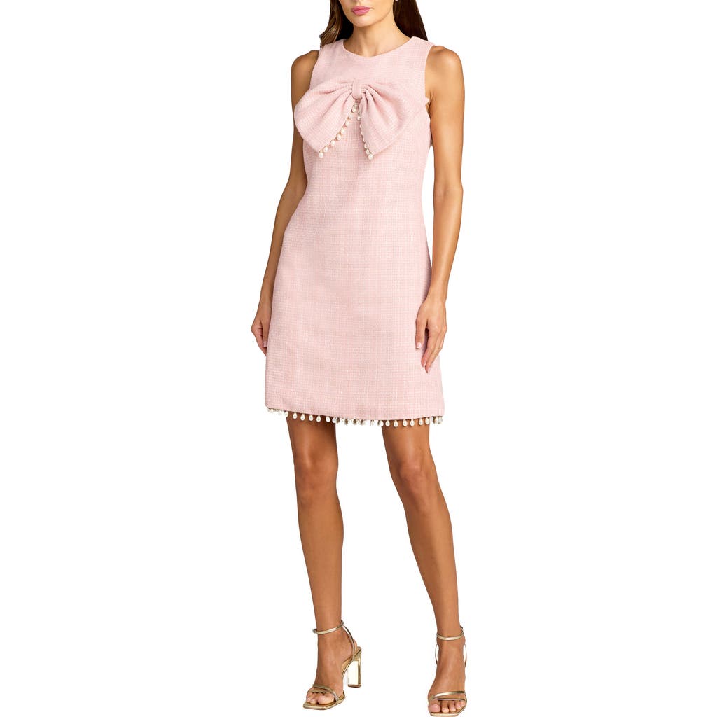 MAC DUGGAL Bouclé Mini Dress with Pearl Detail and Bow Accent