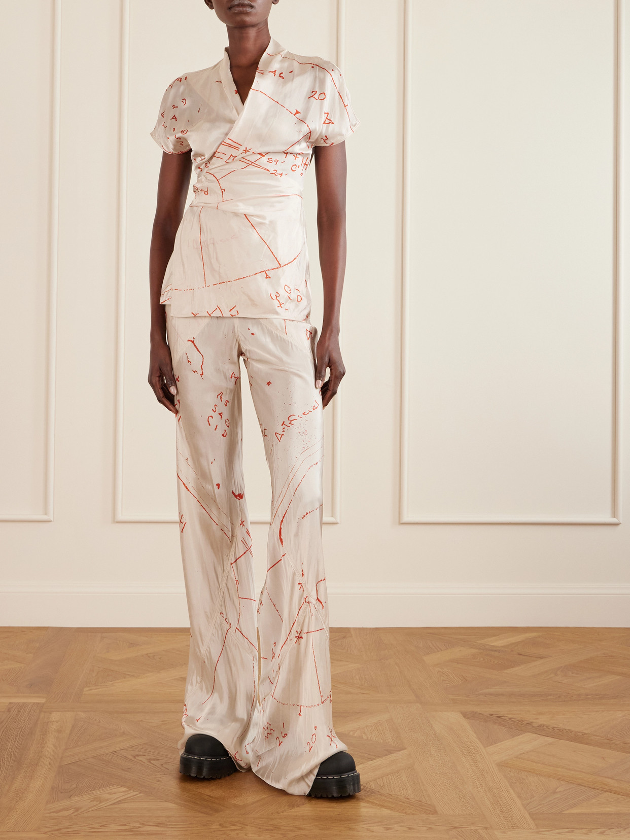 RICK OWENS Rick Owens Bias Paneled Printed Satin Pants
