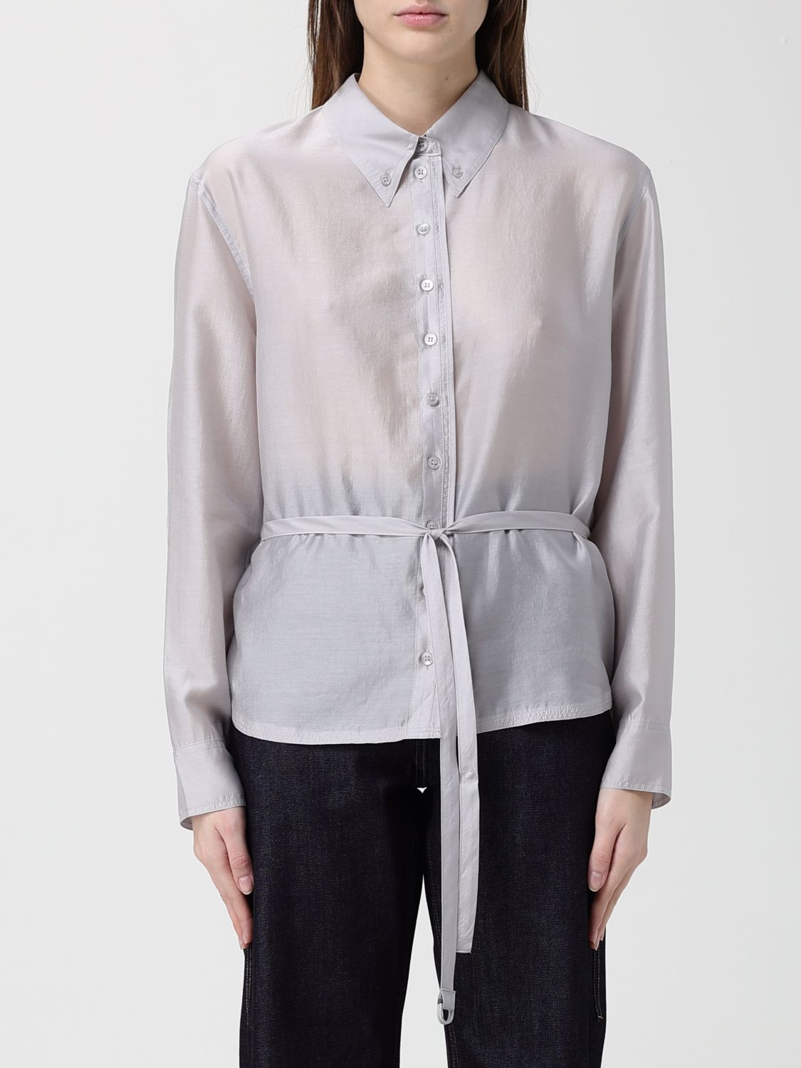 LOW CLASSIC Low Classic Sheer Tencel Button-Down Shirt with Tie Belt