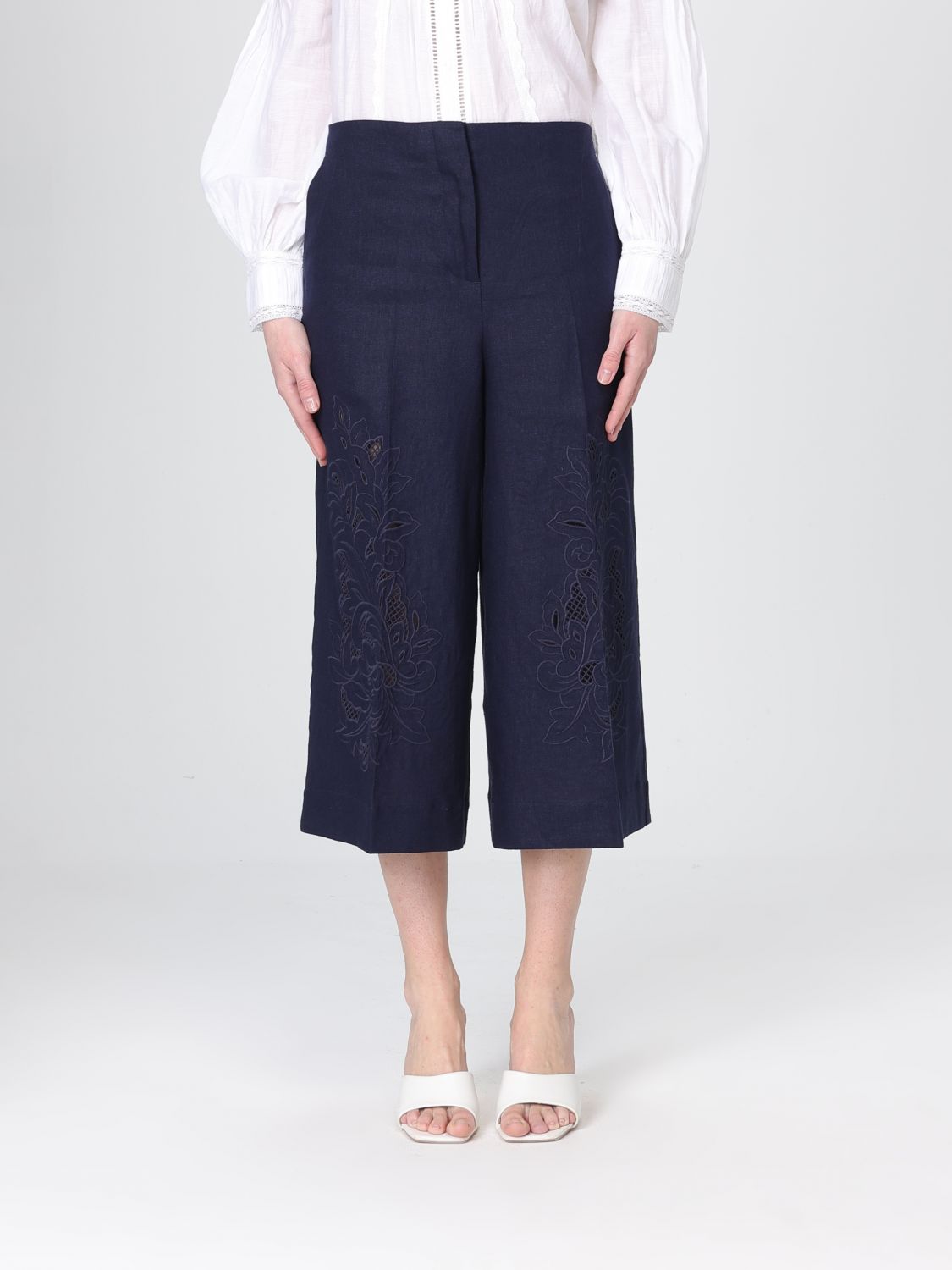 TWINSET Twinset Linen Cropped Trousers with Lace Inserts