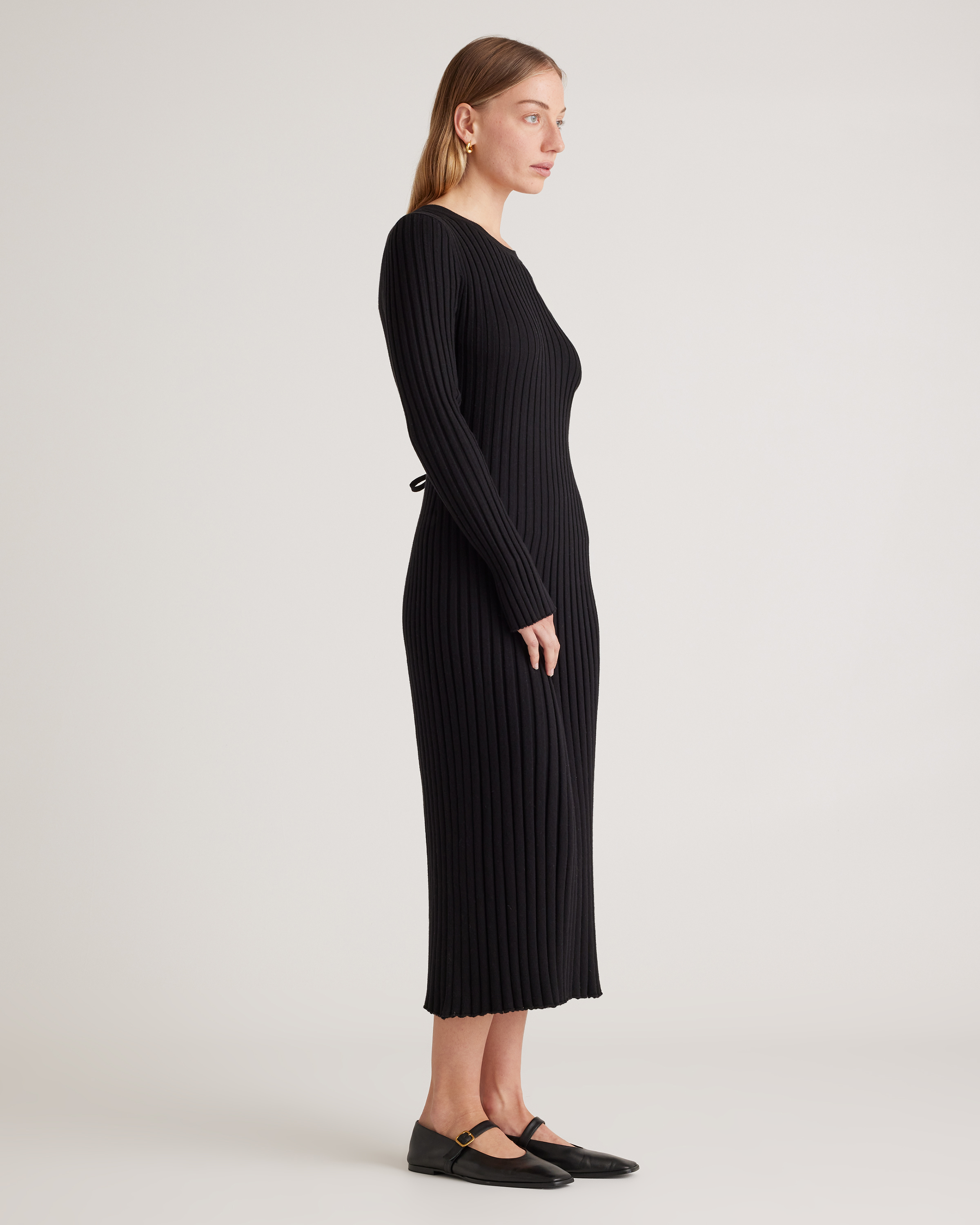 QUINCE Quince Cotton Cashmere Ribbed Long Sleeve Crew Midi Dress