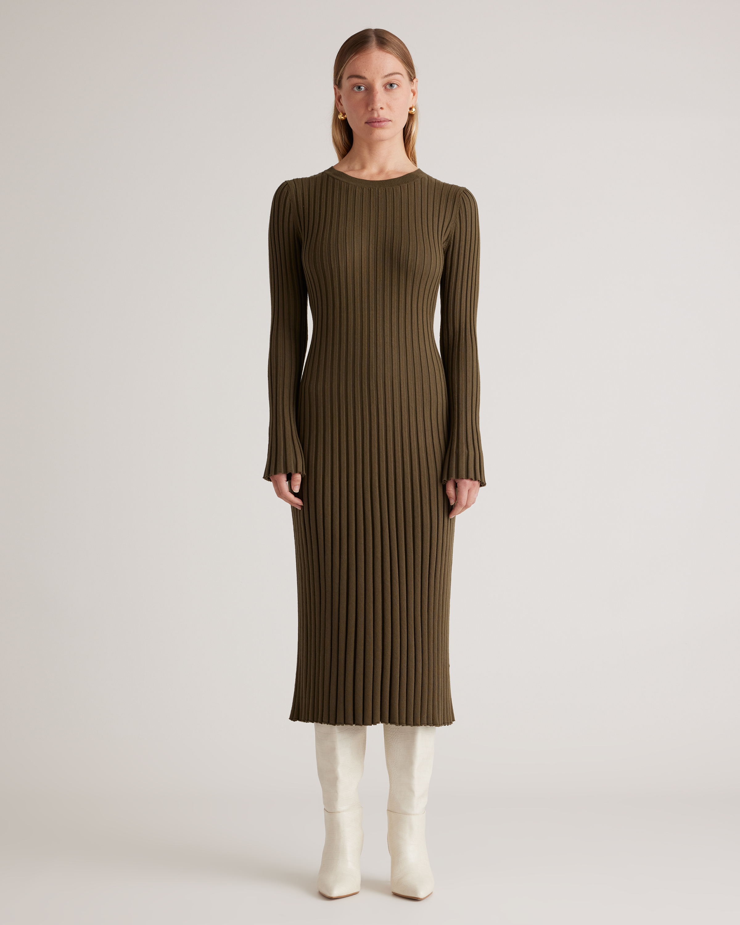 QUINCE Quince Cotton Cashmere Ribbed Long Sleeve Crew Midi Dress
