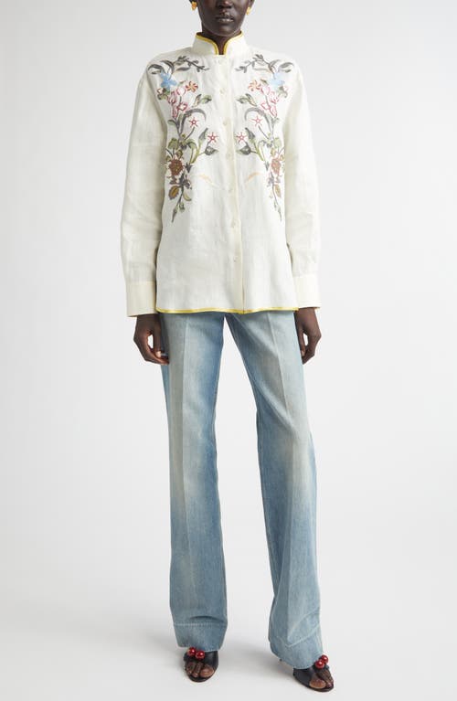VALENTINO Floral Embroidered Linen Button-Up Shirt