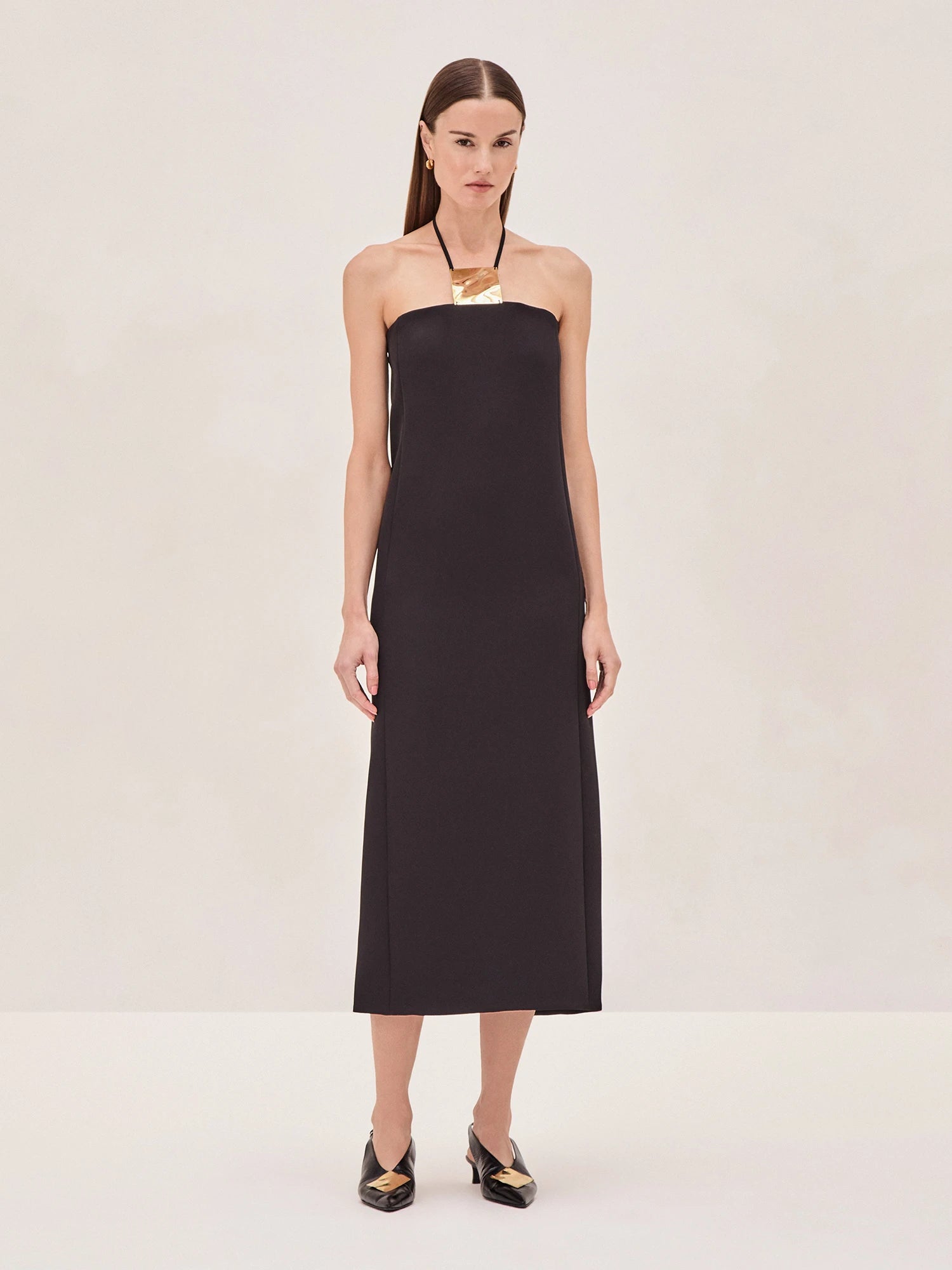Alexis Sezane Halterneck Midi Dress With Gold Detail - Black | Editorialist Alexis Sezane Halterneck Midi Dress With Gold Detail - Black | Editorialist