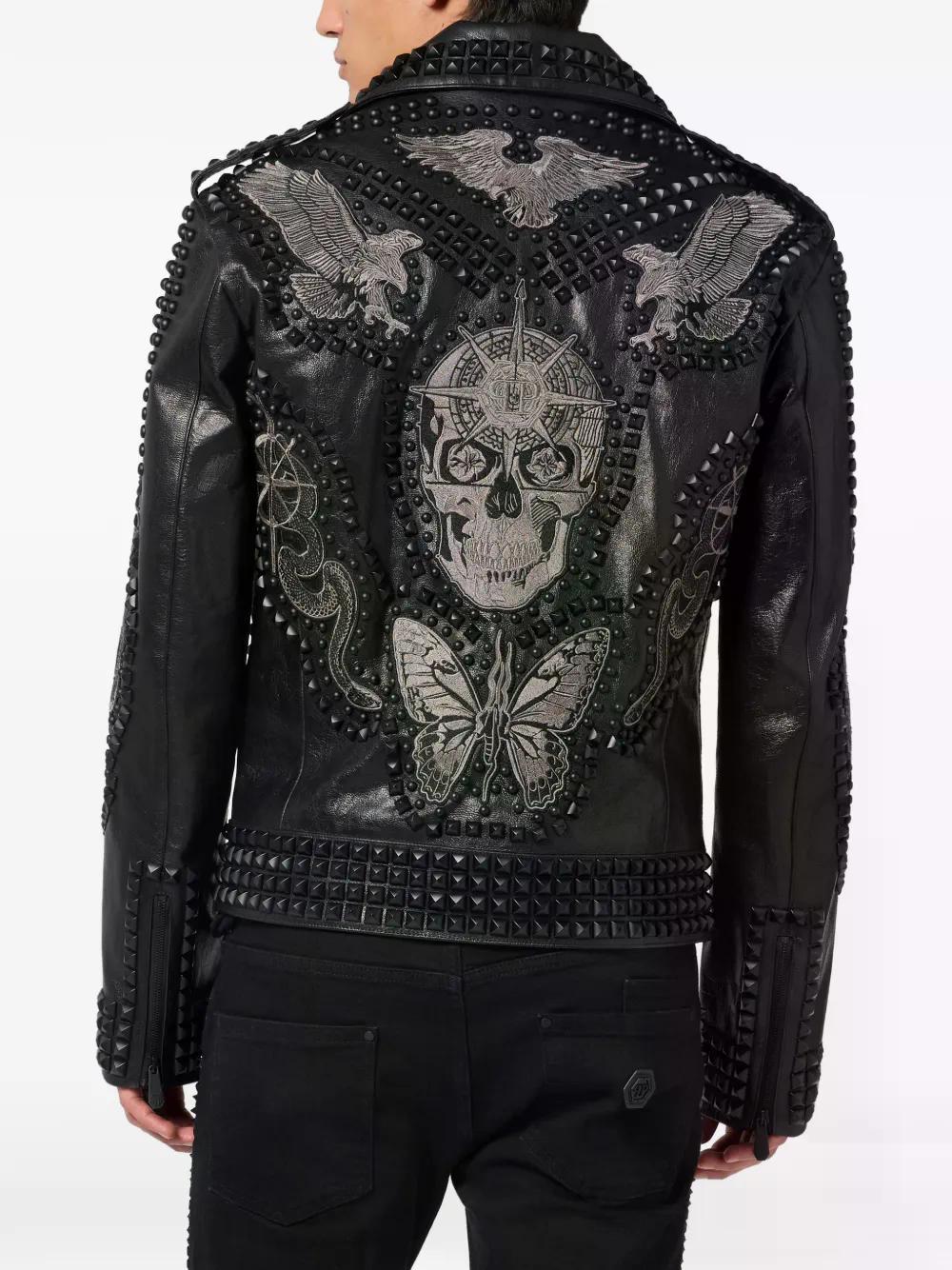 Philipp Plein Studs Embroidered Leather Biker Jacket - Black