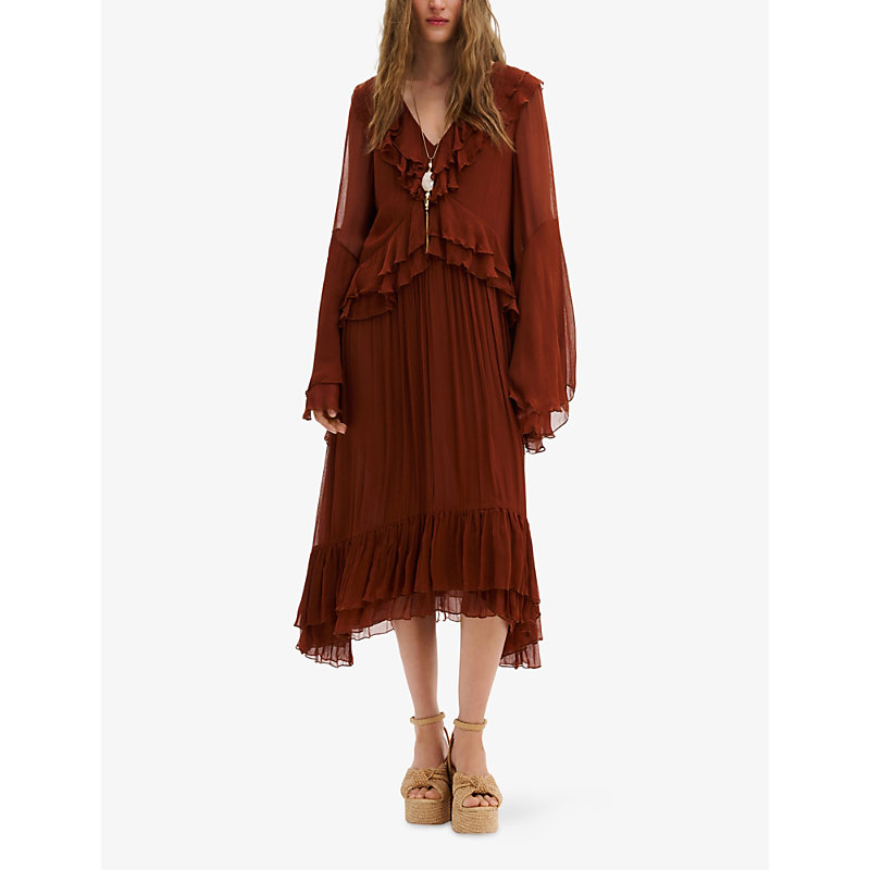 wilhelmina off the shoulder long sleeve dress Malina Womens Rust Wilhelmina Ruffled Chiffon Woven Midi Dress 12