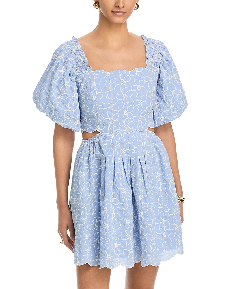 Aqua Embroidered Scallop Hem Mini Dress - Blue | Editorialist