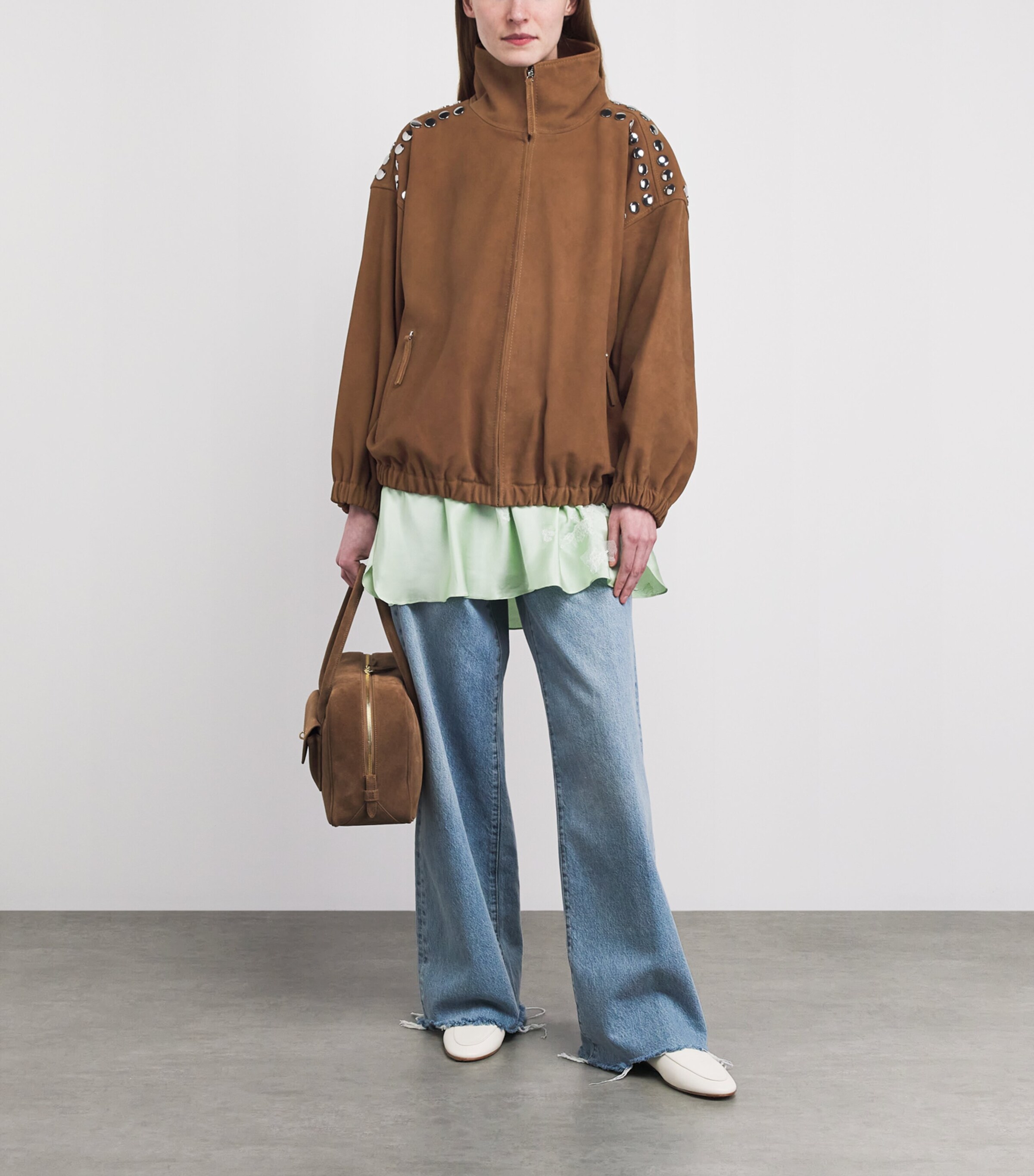 SANDRO Suede Studded Bomber Jacket