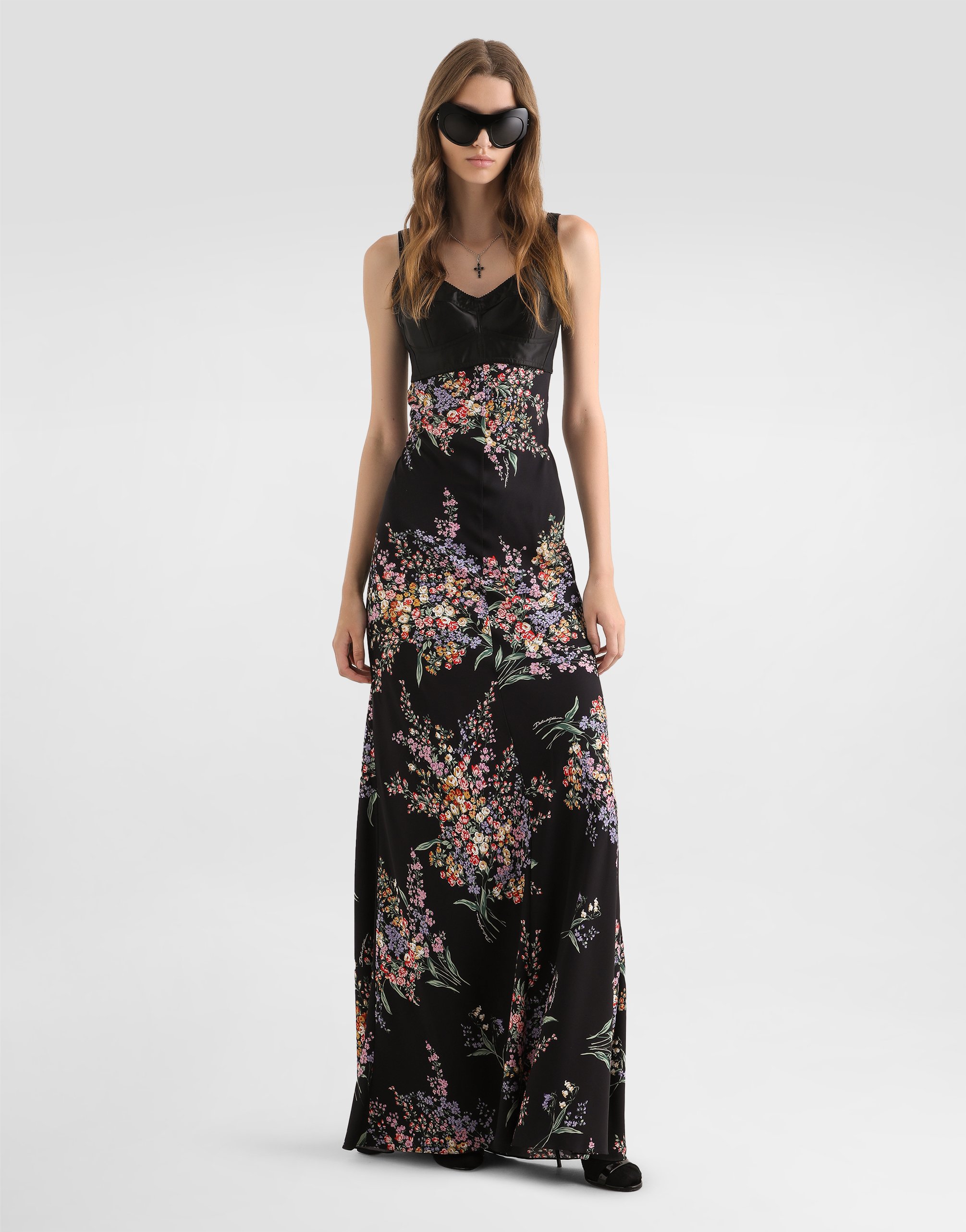 DOLCE & GABBANA Flower Bouquets-Print Long Charmeuse Dress