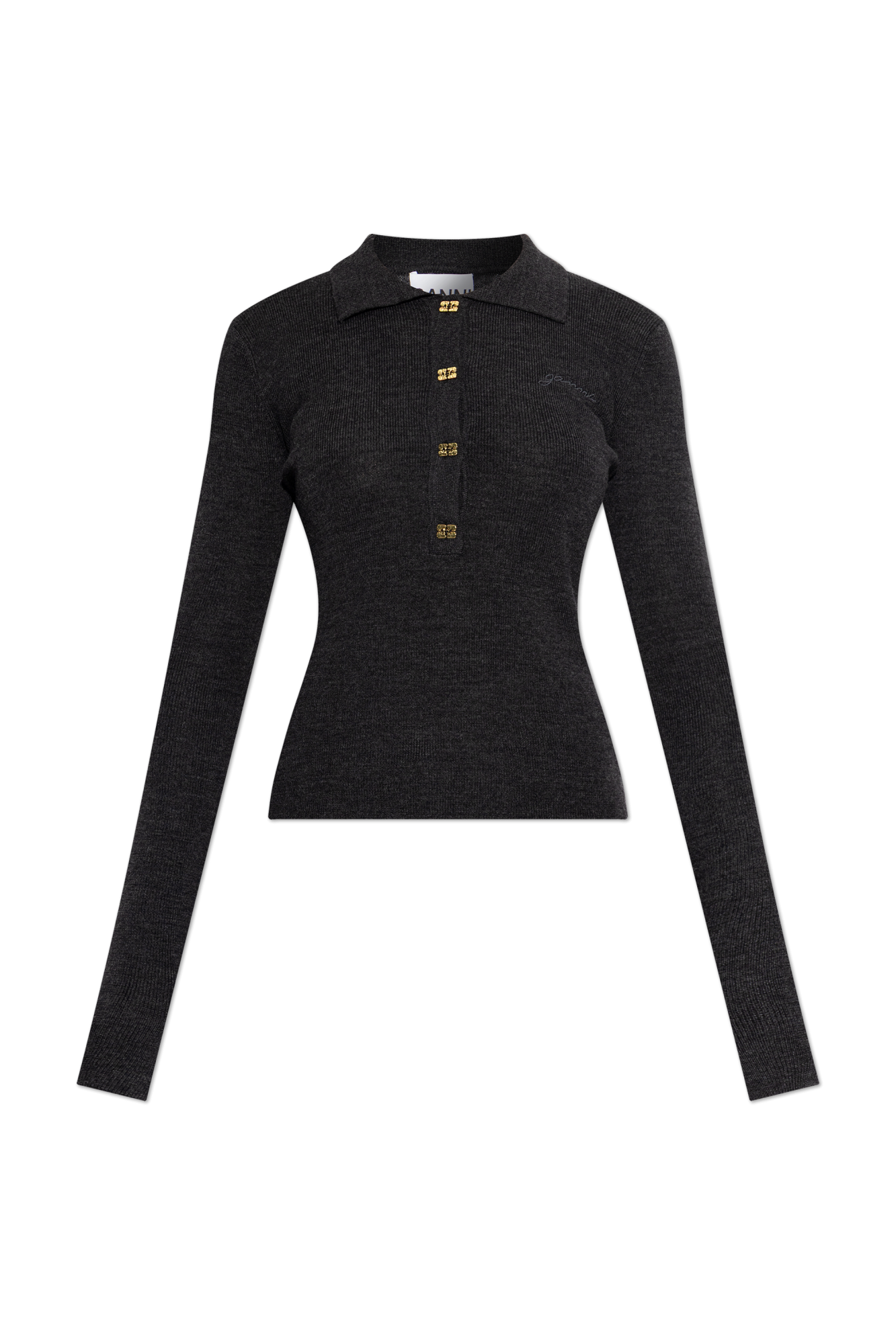 GANNI Wool Long-Sleeve Polo