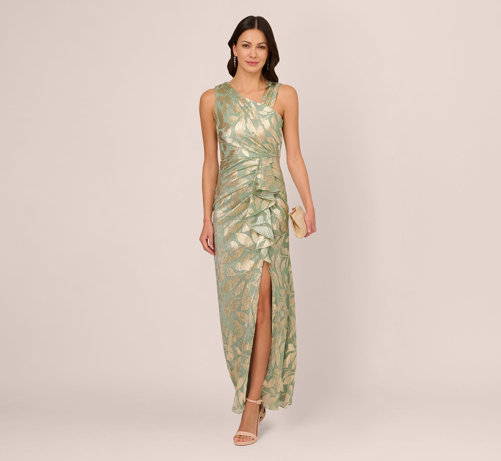 ADRIANNA PAPELL Foil Printed Asymmetric Gown with Ruffled Detail