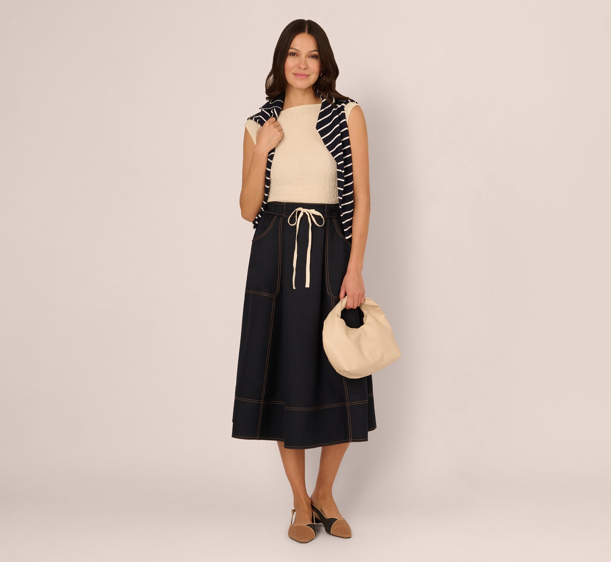 ADRIANNA PAPELL Contrast Stitching Drawstring Midi Skirt