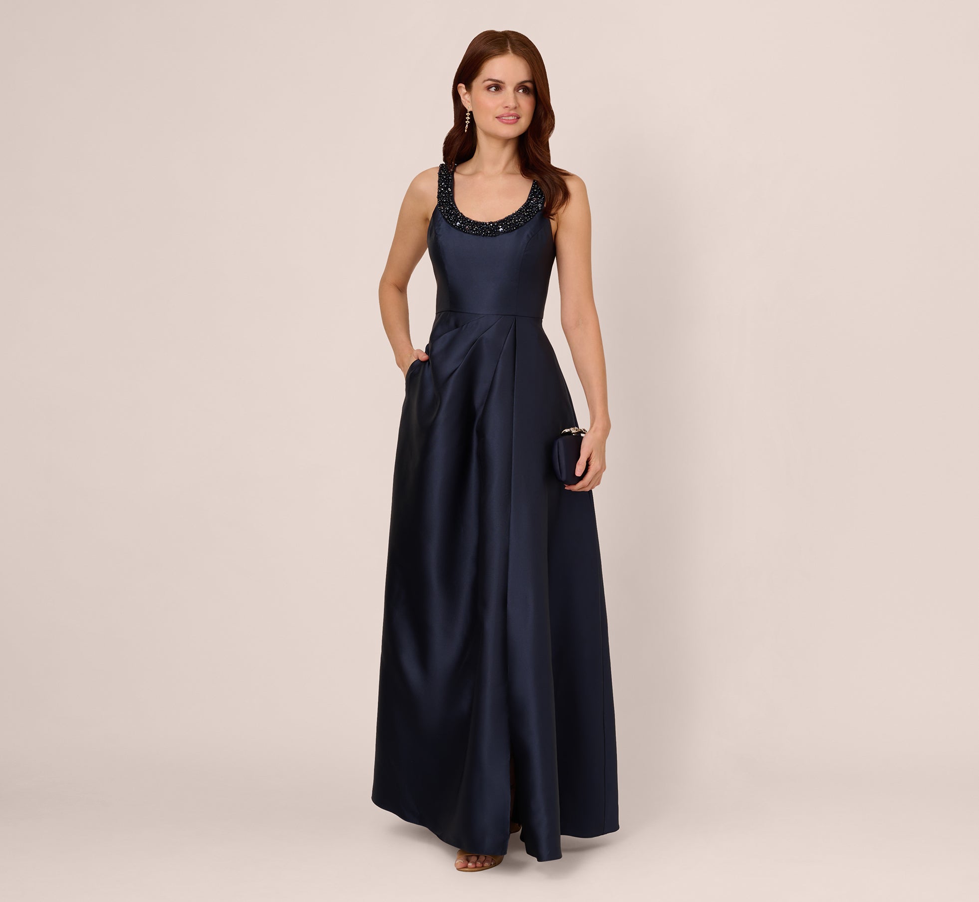 ADRIANNA PAPELL Sleeveless Beaded Mikado Fit and Flare Gown