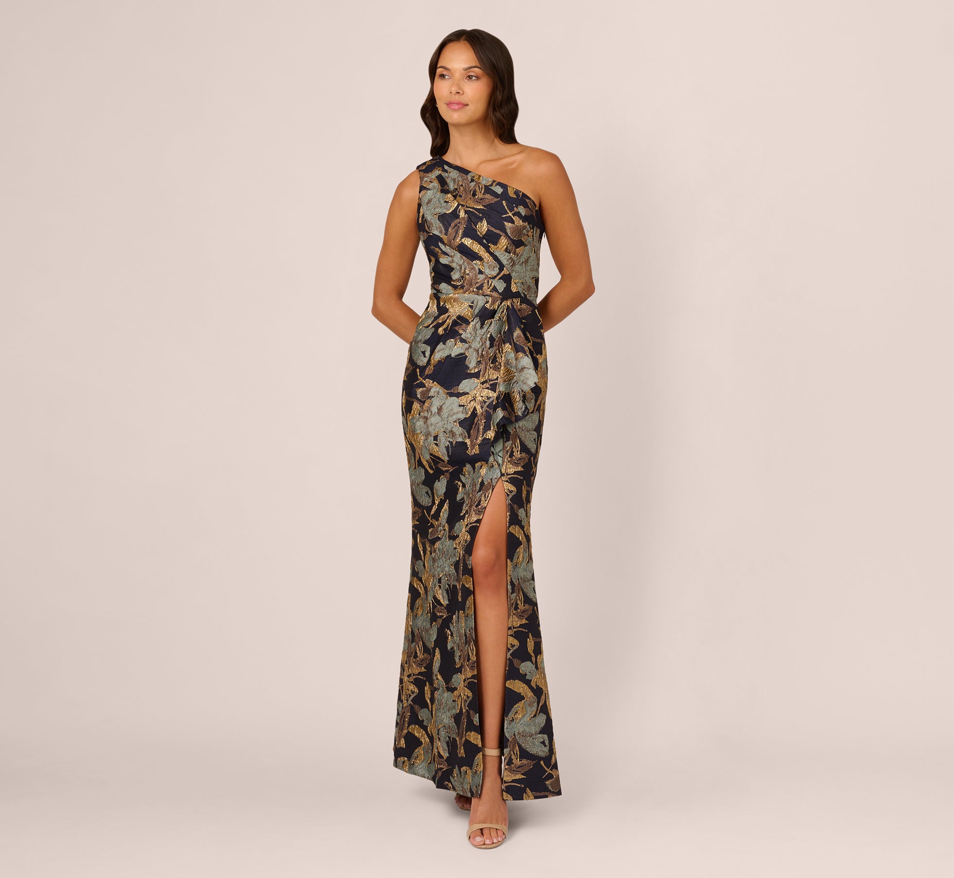 Adrianna Papell Floral Jacquard One Shoulder Mermaid Gown - Blue/Gold - 30% Off | Editorialist Adrianna Papell Floral Jacquard One Shoulder Mermaid Gown - Blue/Gold - 30% Off | Editorialist
