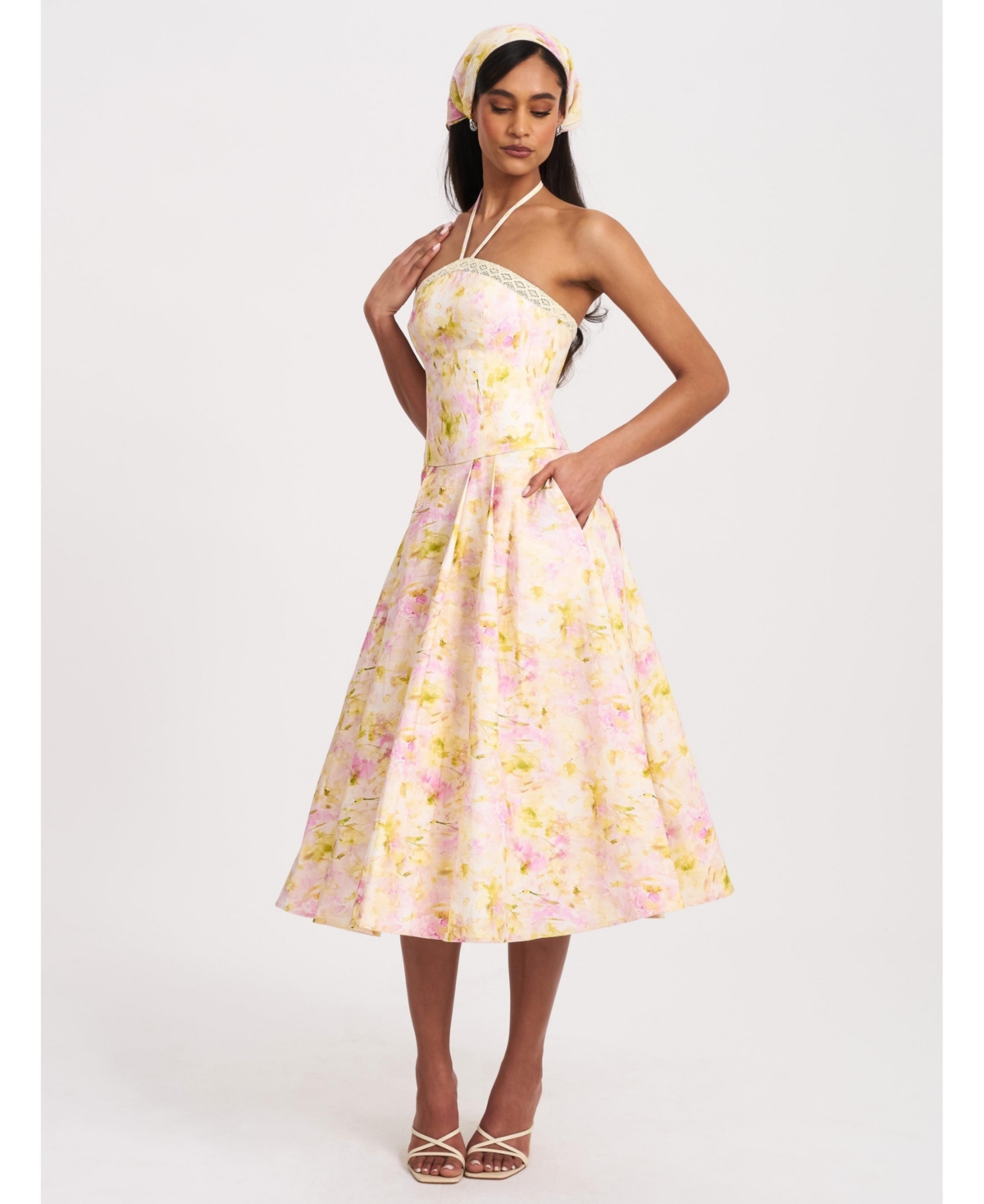 MISS CIRCLE Zaina Floral Print Linen Midi Dress with Lace Trim