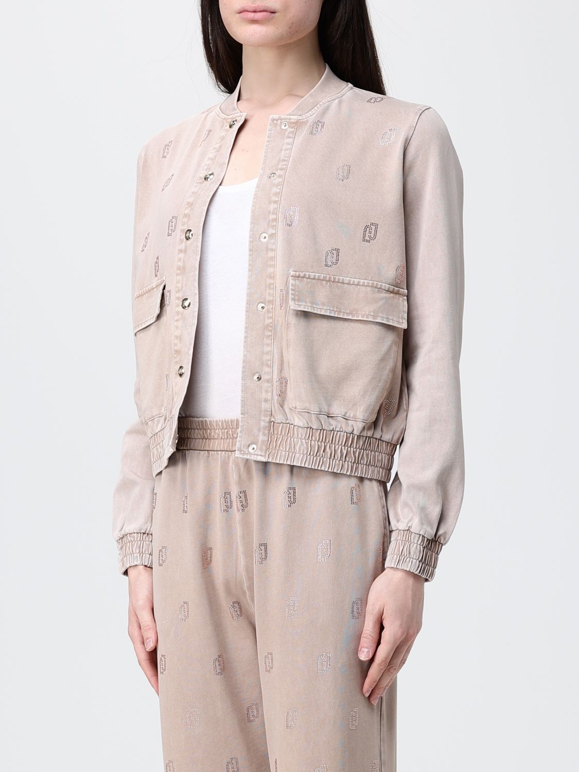 LIU JO Liu Jo Cotton Bomber Jacket with Rhinestone Logo Embellishment