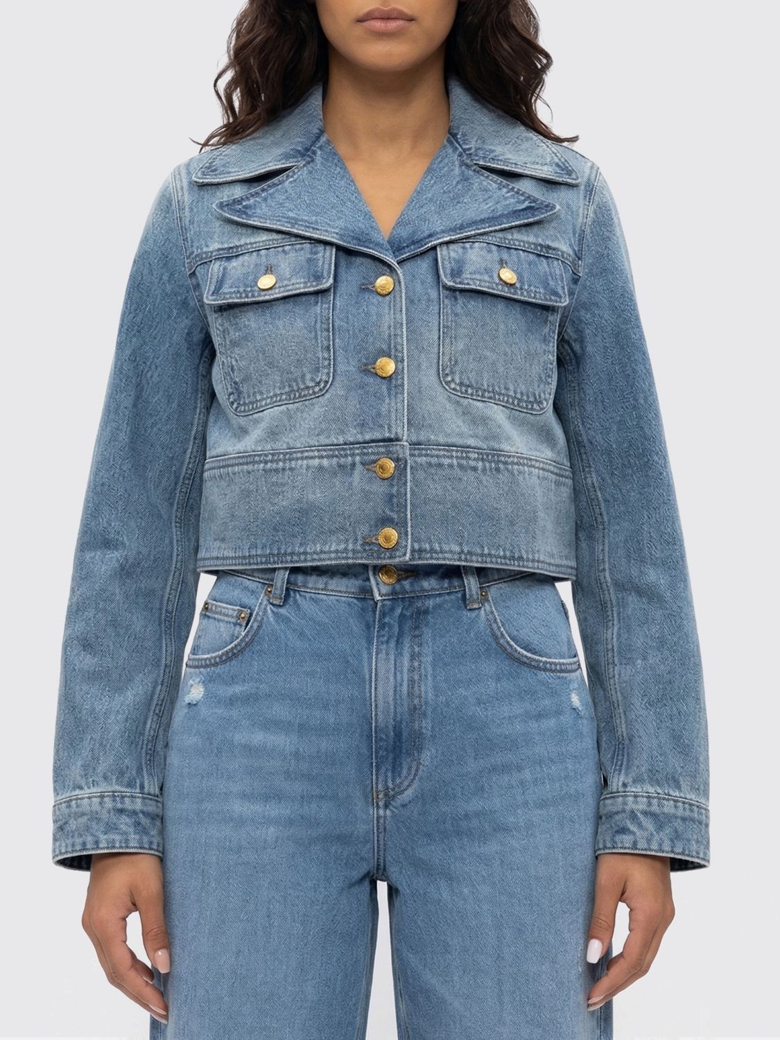 MICHAEL KORS Michael Kors Cropped Denim Jacket with Peak Lapel