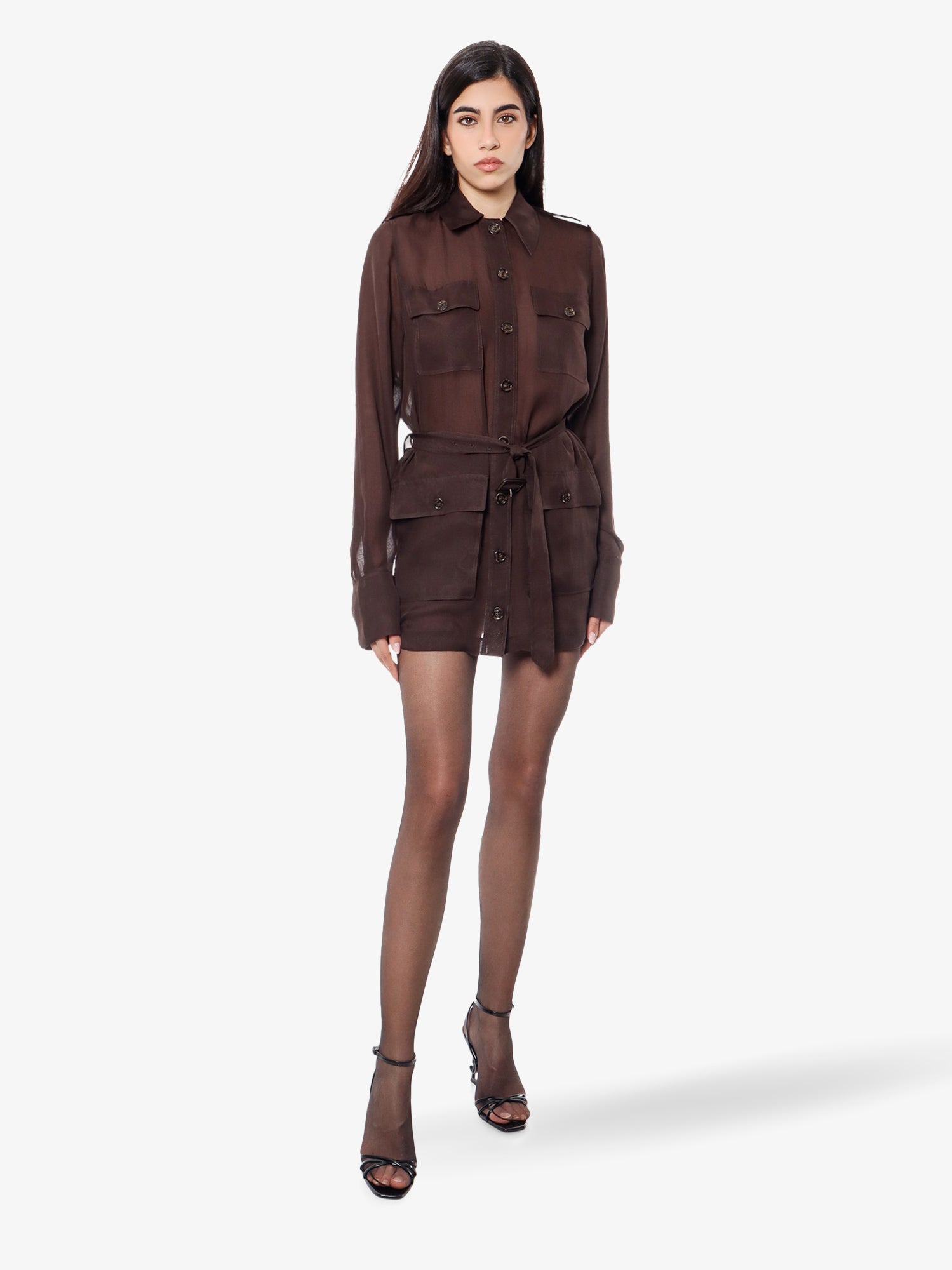 SAINT LAURENT Organic Silk Belted Shirt Dress
