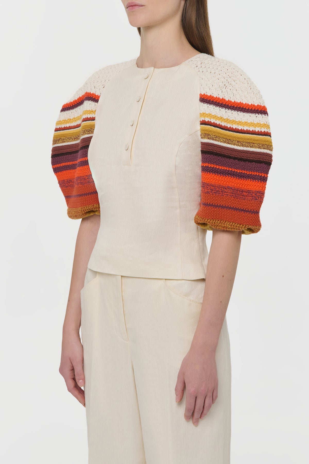 GABRIELA HEARST Gabriela Hearst Elira Textured Linen Slub Crochet Puff Sleeve Top