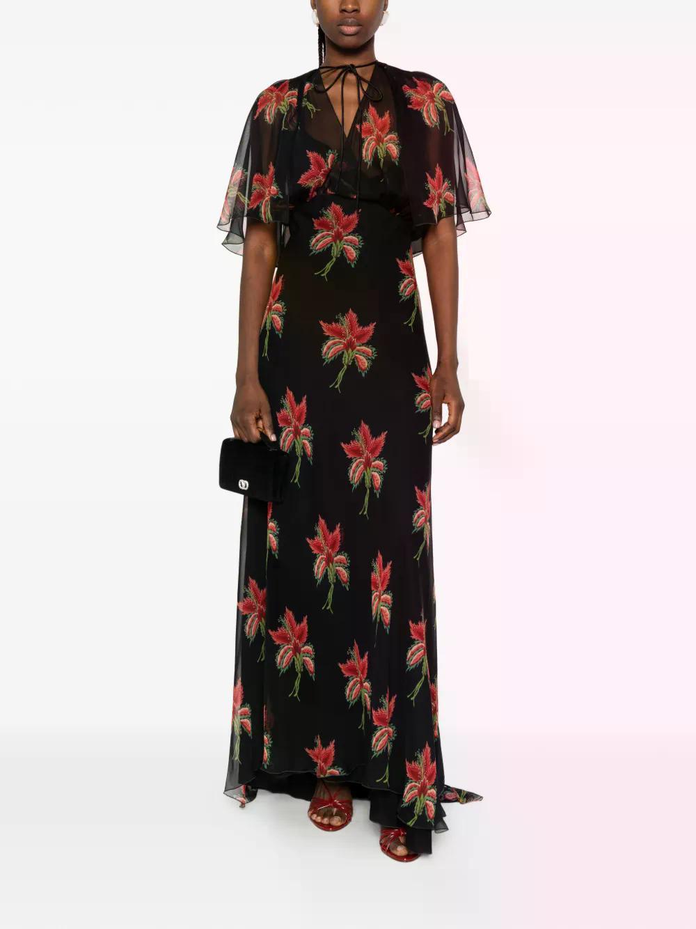 VALENTINO Floral-Print Cape-Sleeve Dress