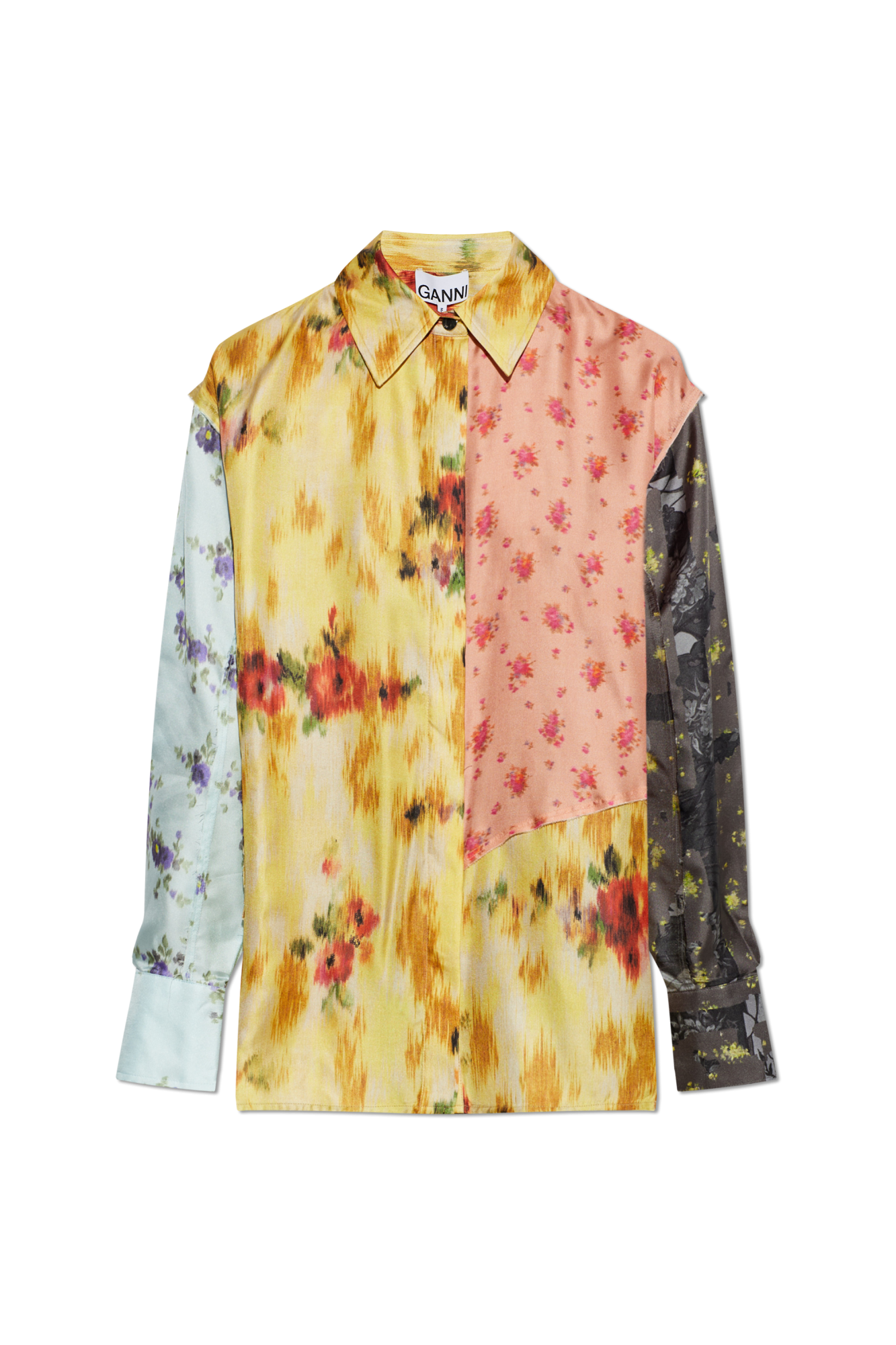 GANNI Floral Print Silk Button Down Shirt