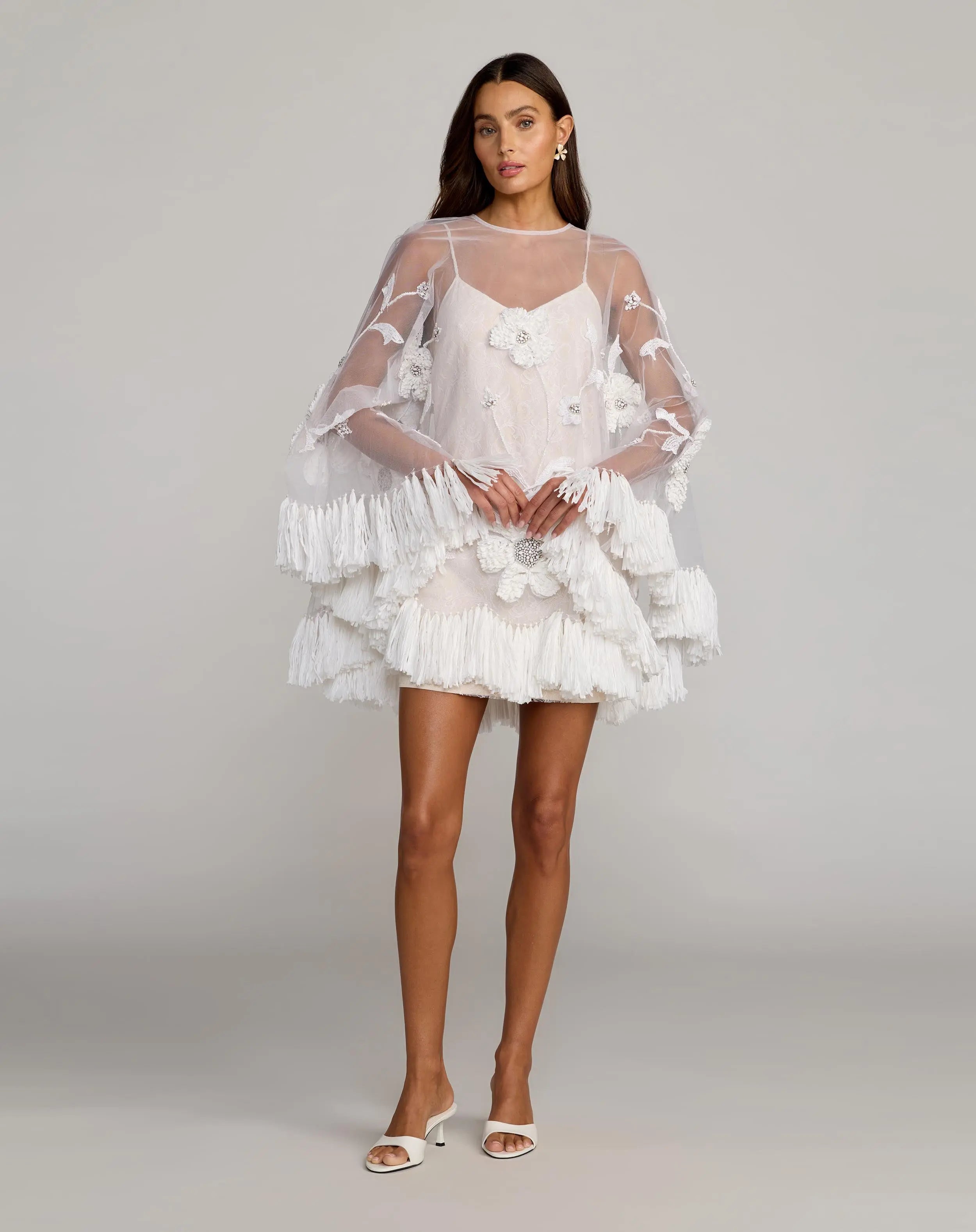 MAC DUGGAL Mac Duggal Embellished Tulle Mini Dress with Fringe Hem