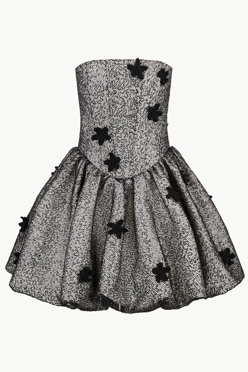 MALVA FLOREA Sequin Balloon-Hem Mini Dress with Crochet Florals