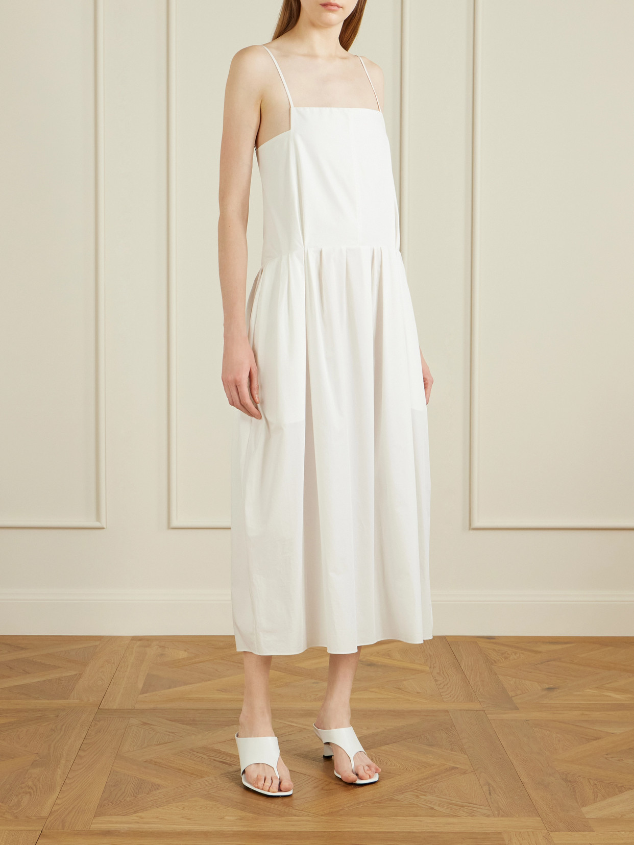 KHAITE Adira Pleated Cotton-Poplin Midi Dress