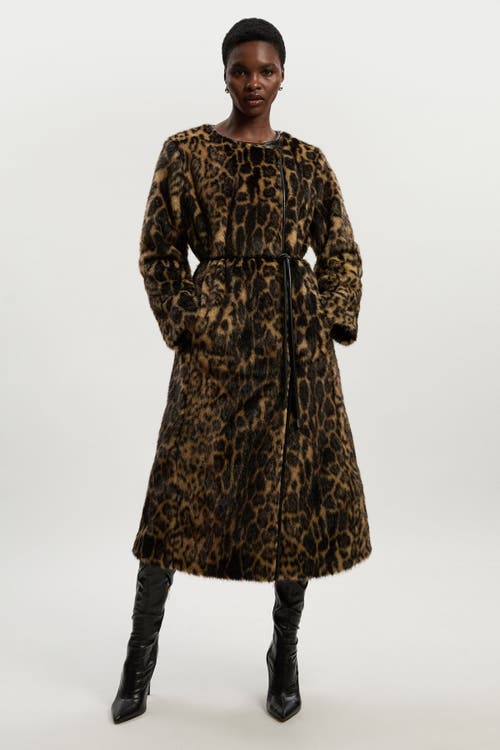 KAREN MILLEN Karen Millen Faux Fur Animal Print Belted Midi Coat