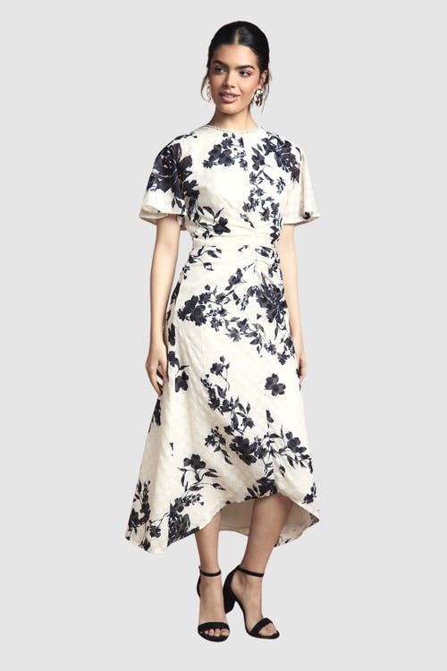 Talbot Runhof Floral Jacquard High-Neck Cap-Sleeve Midi Dress - Azalea Pink  | Editorialist