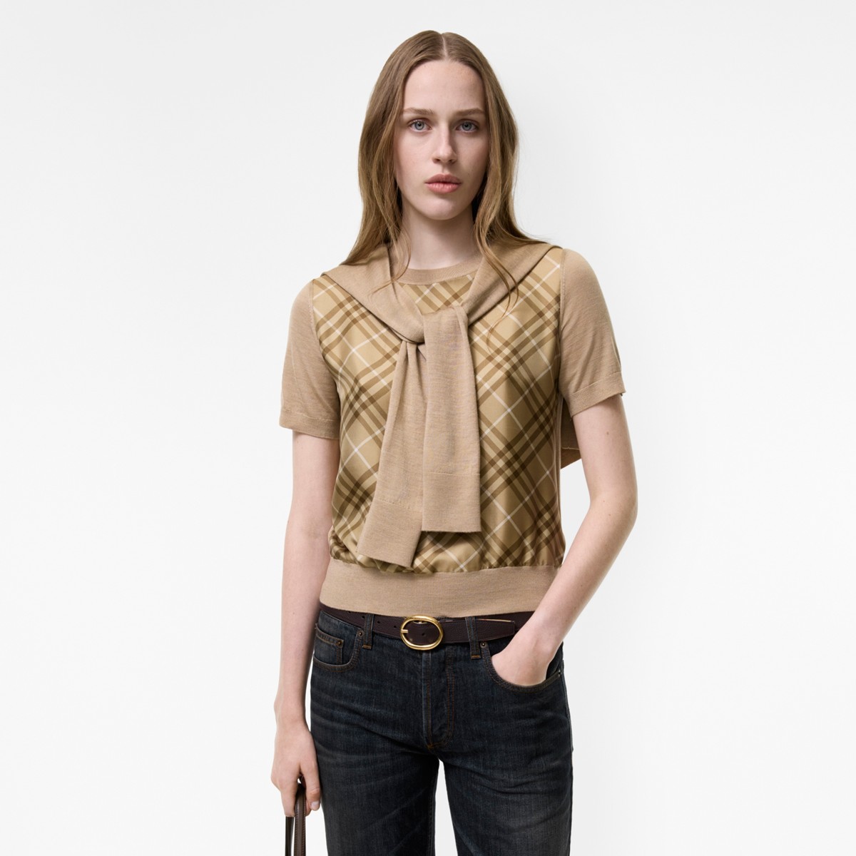 BURBERRY BURBERRY Check Panel Wool Silk T-Shirt