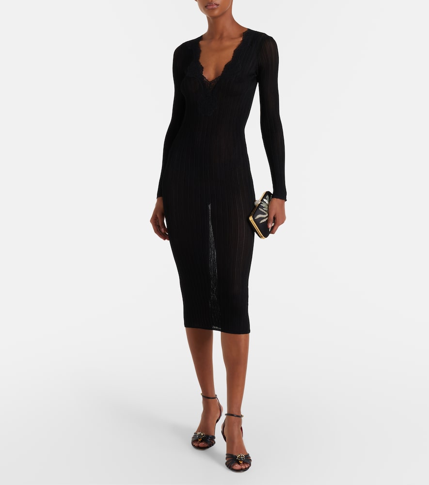 VALENTINO Ribbed-Knit Midi Dress with Lace Detail