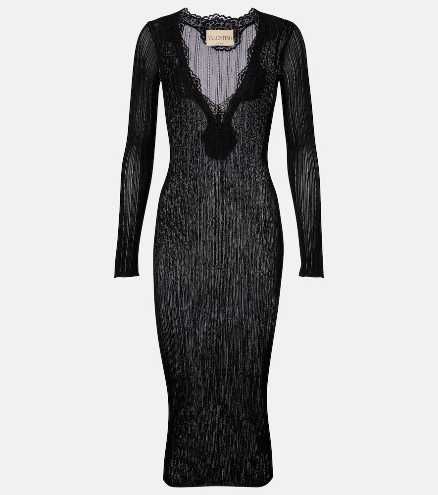 VALENTINO Ribbed-Knit Midi Dress with Lace Detail