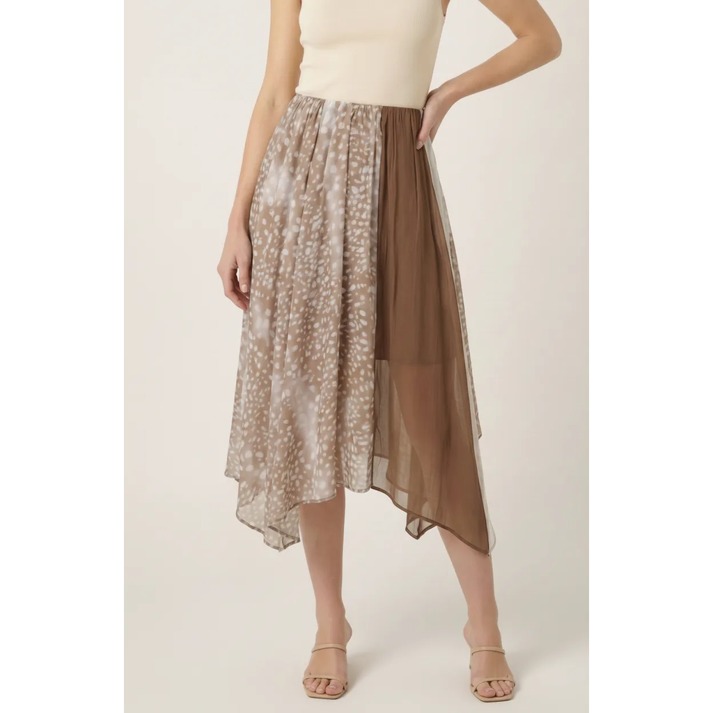 MODENAIRE Printed Sheer Overlay Midi Skirt