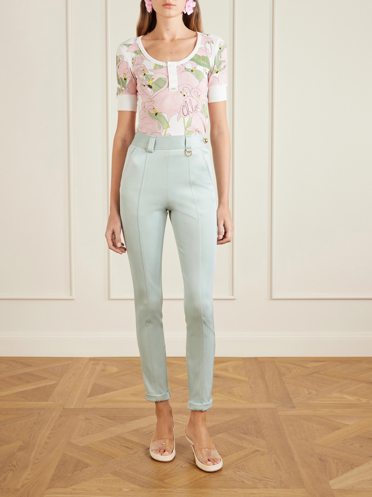 CHLOÉ Chloé Printed Ribbed Cotton-Jersey T-Shirt with Flamingo Motif