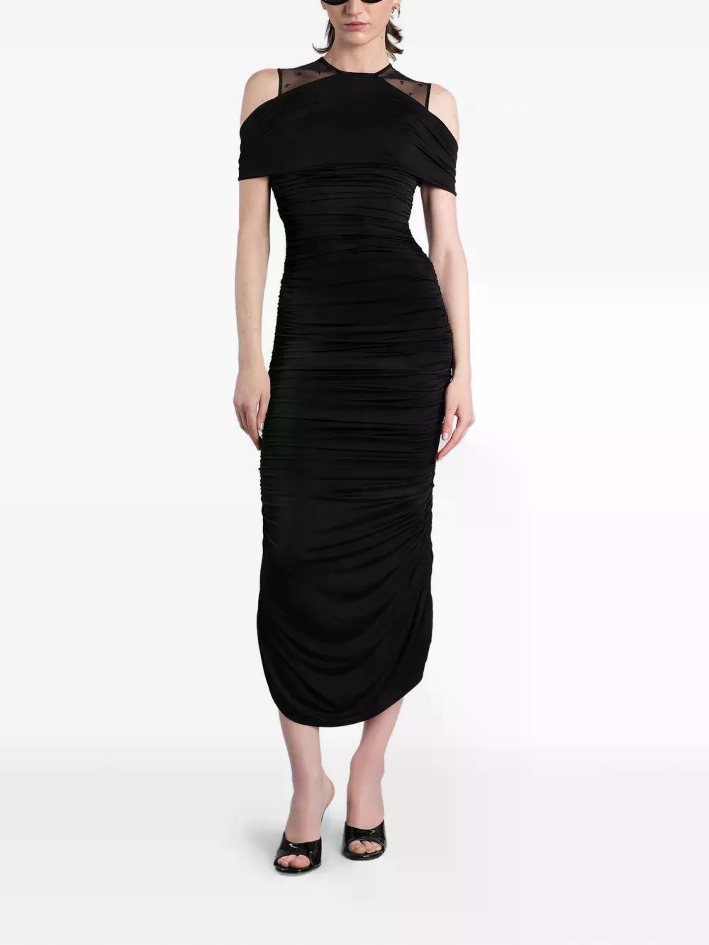 MARINE SERRE Marine Serre Ruched Off-Shoulder Dress with Moon Print Mesh Panels