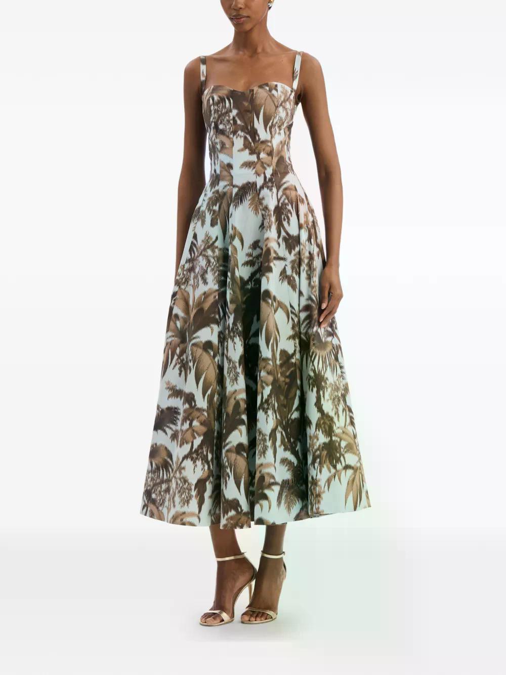 OSCAR DE LA RENTA Oscar de la Renta Chiné Palm Leaves Cotton Poplin Dress