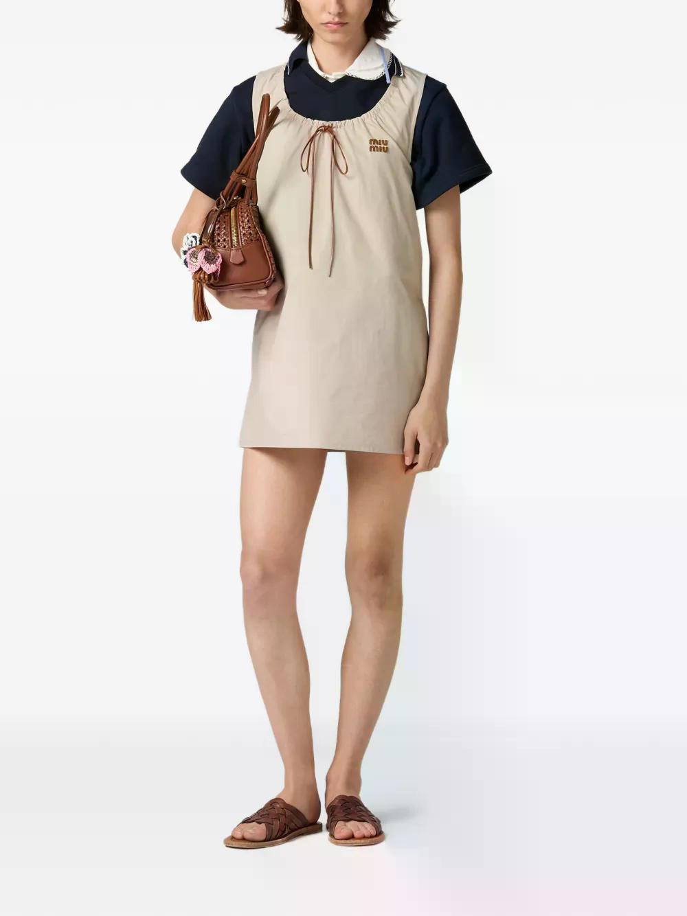 MIU MIU Miu Miu Sleeveless Scoop Neck Panama Cotton Dress with Embroidered Logo