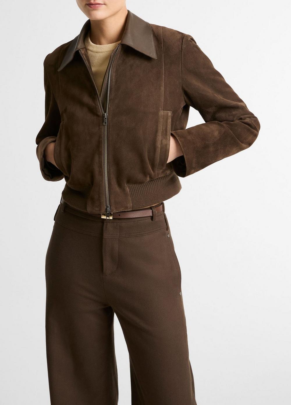 VINCE Vince Suede Shrunken Bomber Jacket with Leather Trim