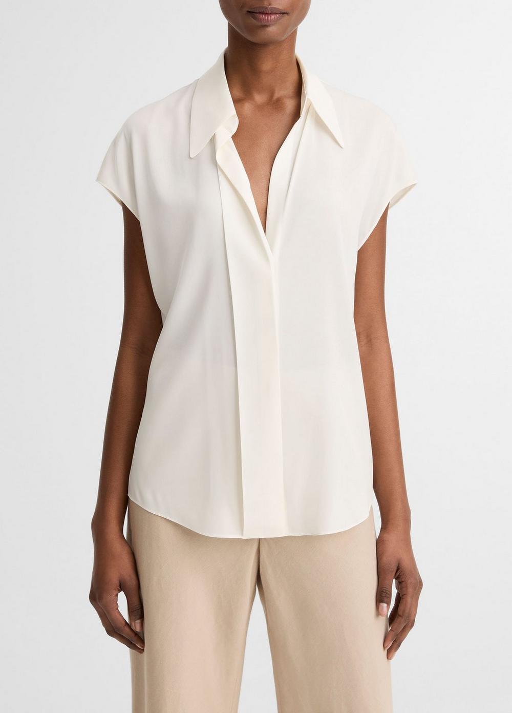 VINCE Vince Stretch-Silk Hidden-Placket Cap-Sleeve Blouse