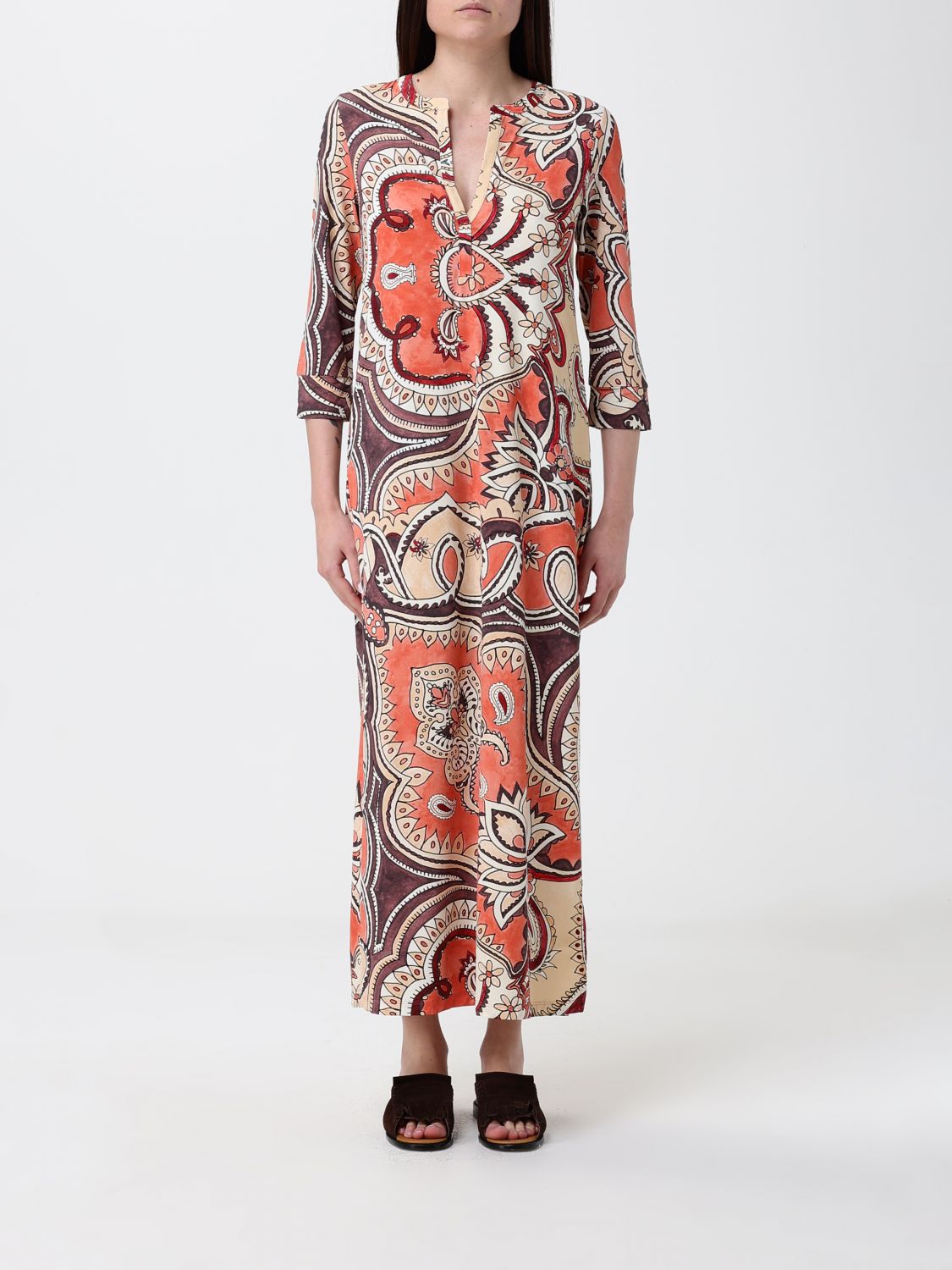 MALÌPARMI ethnic print midi tunic in jersey with a v-neck