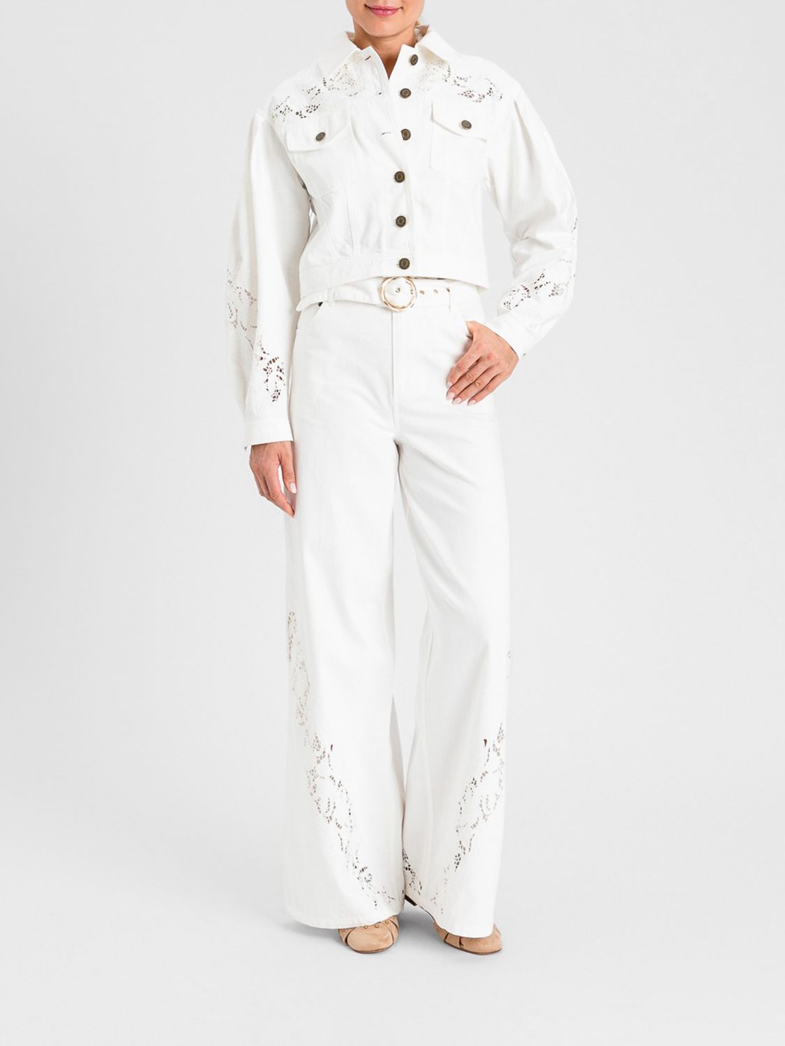 TWINSET Twinset White Cotton High Waisted Trousers with Lace Inserts