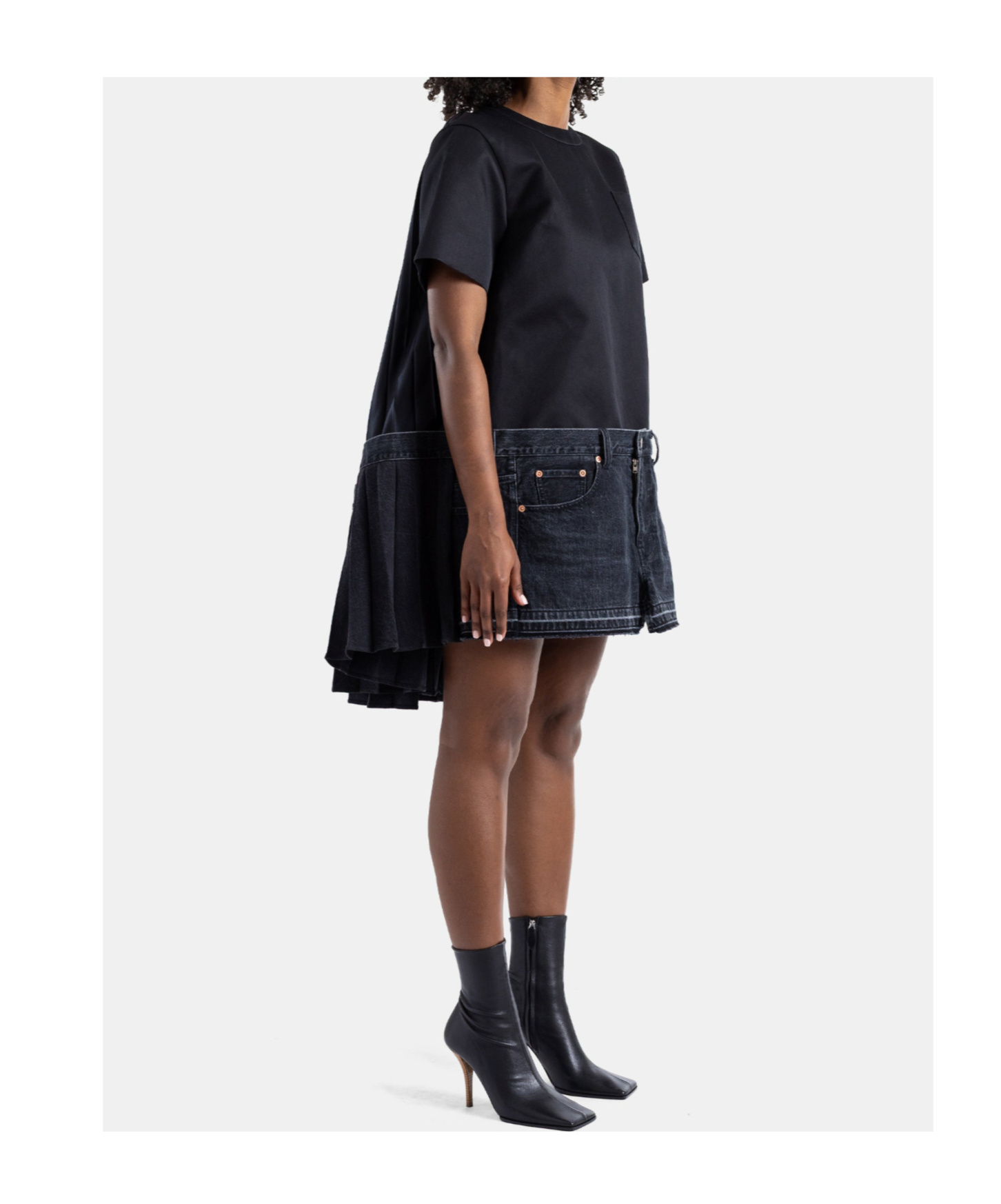 SACAI Sacai Short-Sleeved Crewneck Dress with Denim Skirt Overlay