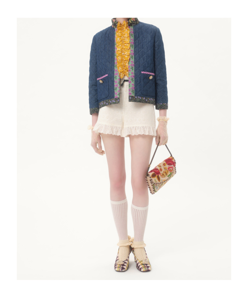 VALENTINO Valentino Quilted Floral Trimmed Denim Jacket