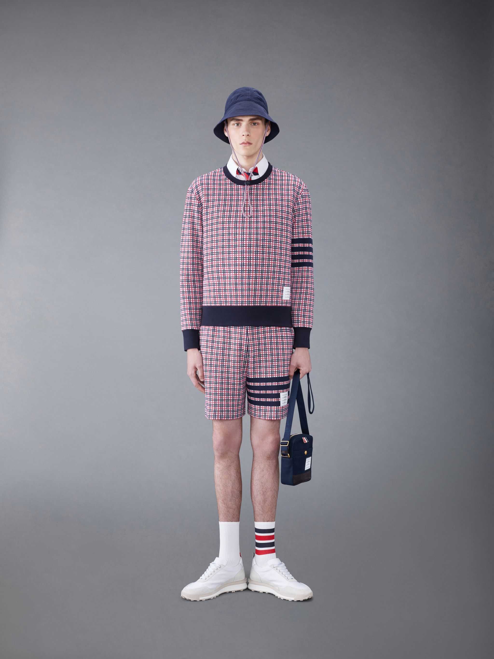THOM BROWNE Thom Browne Check Jacquard Sweatshorts with Rope Belt and Four Bar Detail