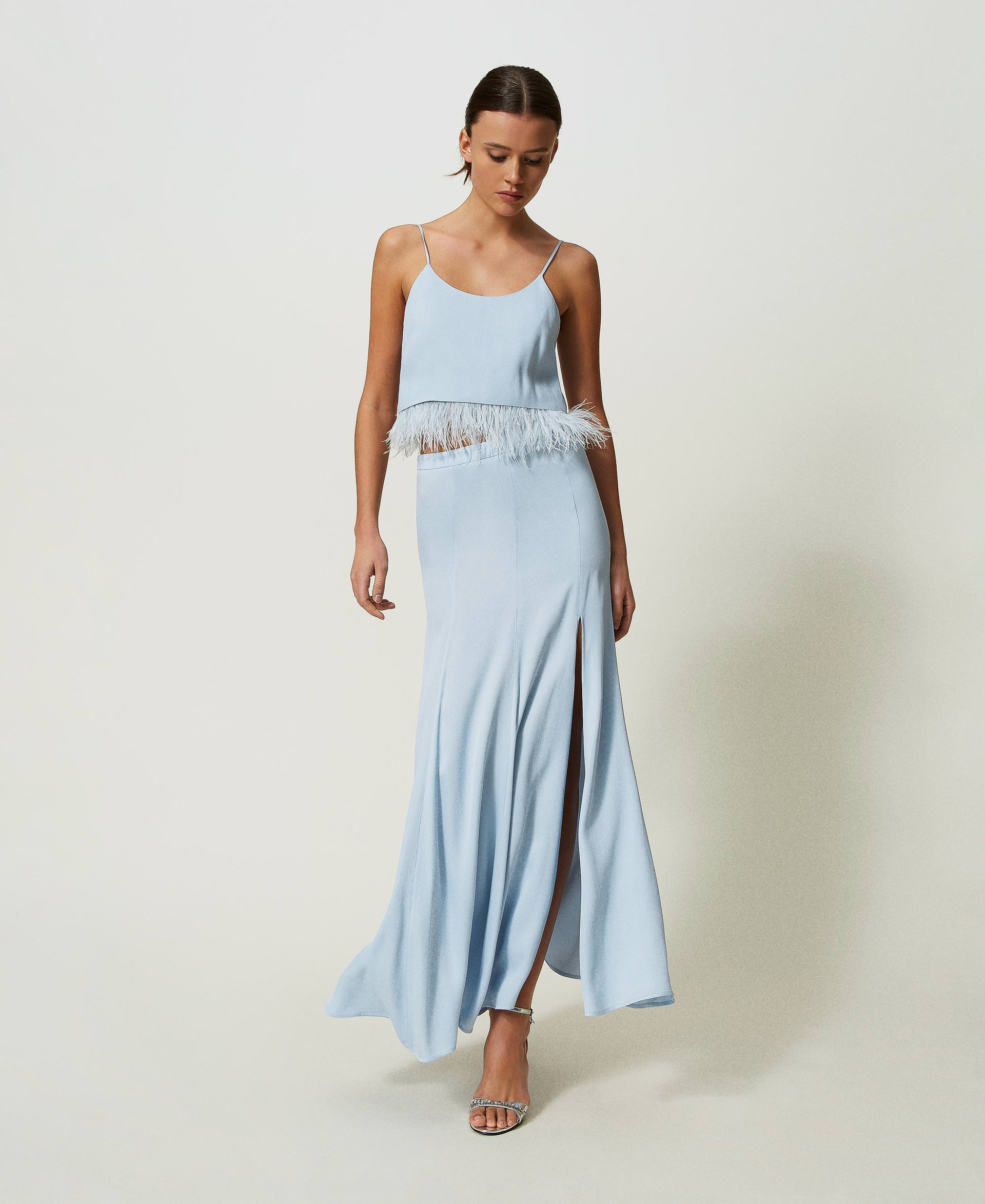 TWINSET Twinset Feather-Trim Satin Crop Top